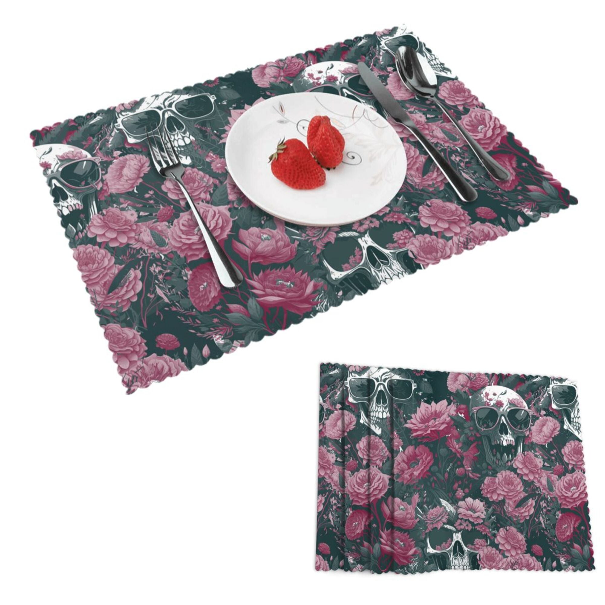 DouZhe Polyester Placemats Set of 4, Dead Skulls Pink Flowers Pattern ...