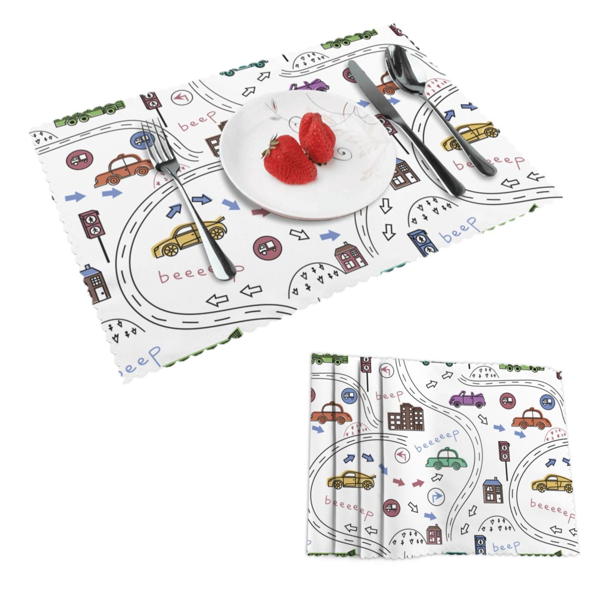 DouZhe Polyester Placemats Set of 4, Funny Cars Road Doodle Pattern ...