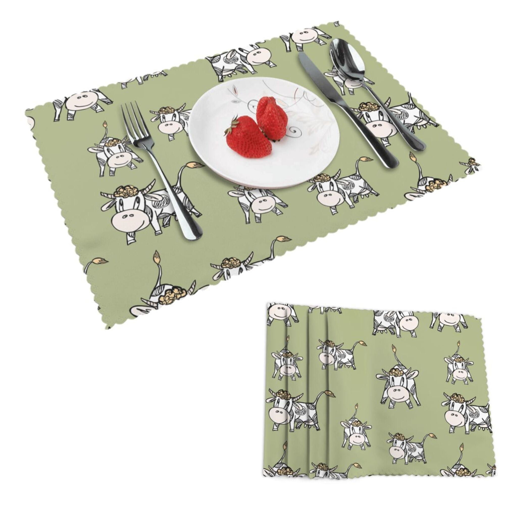 DouZhe Polyester Placemats Set of 4, Funny Cartoon Grazing Cows Pattern ...