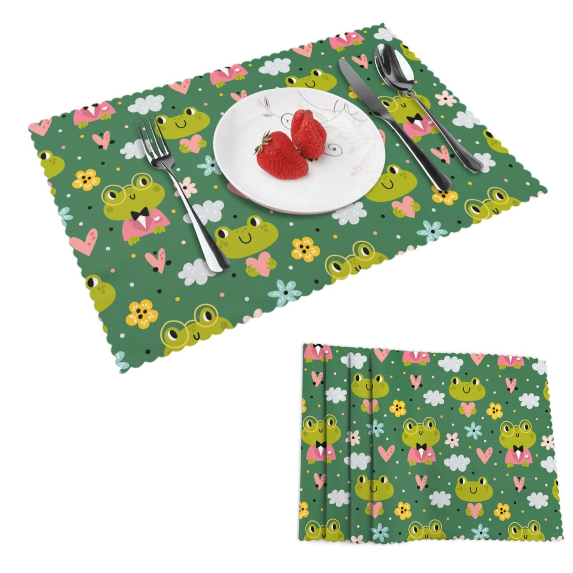 DouZhe Polyester Placemats Set of 4, Funny Glasses Frogs Green Pattern ...