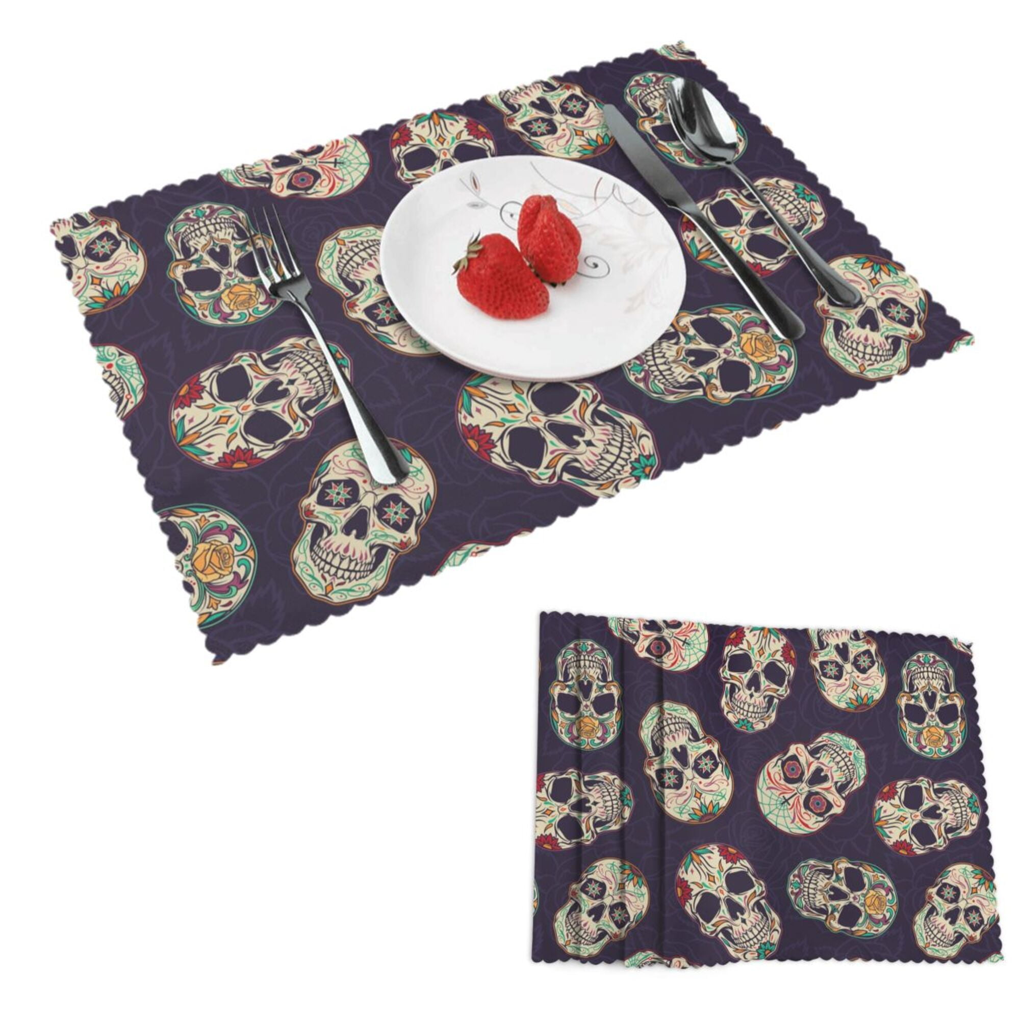 DouZhe Polyester Placemats Set of 4, Funny Mexican Sugar Skull Flower ...