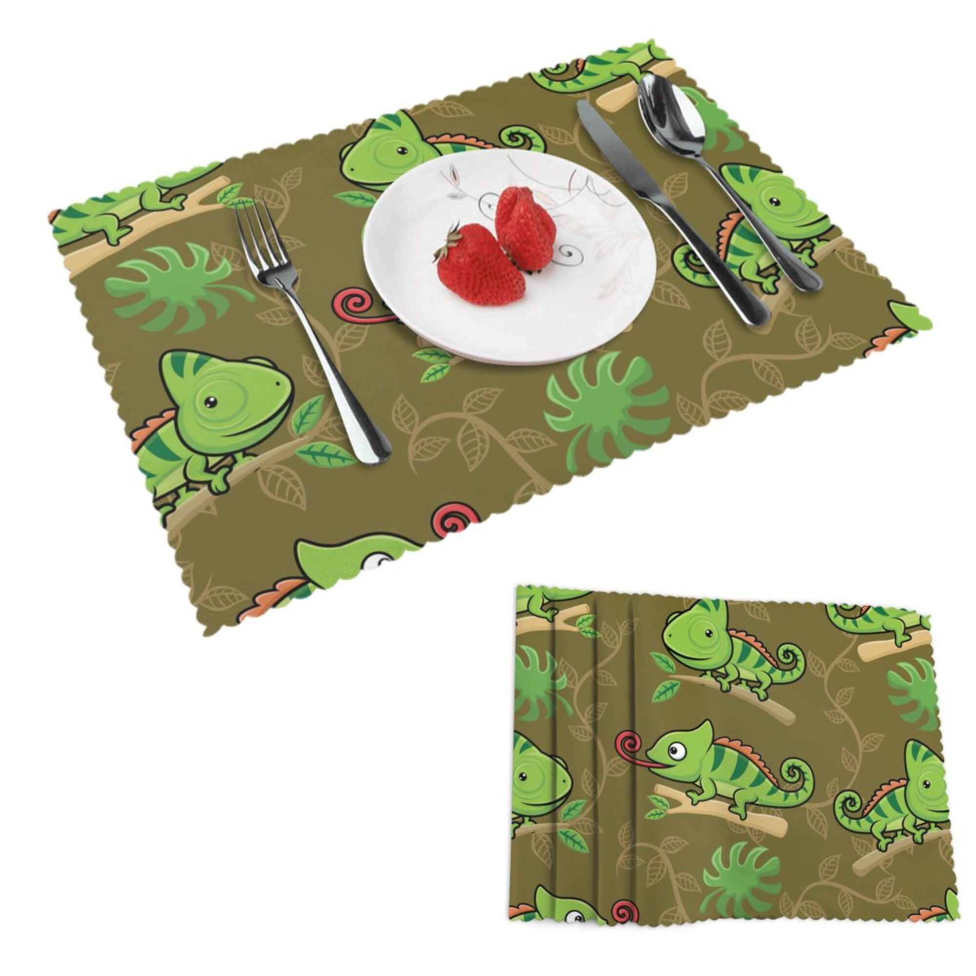 DouZhe Polyester Placemats Set of 4, Green Cartoon Cute Chameleons ...