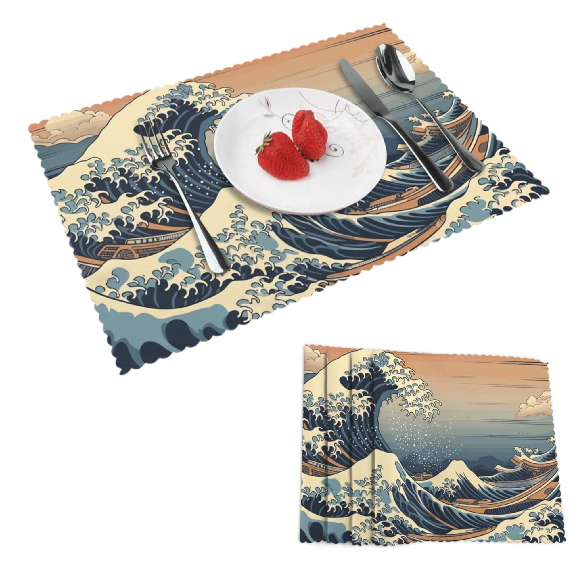 DouZhe Polyester Placemats Set of 4, Japanese Kanagawa Great Waves ...
