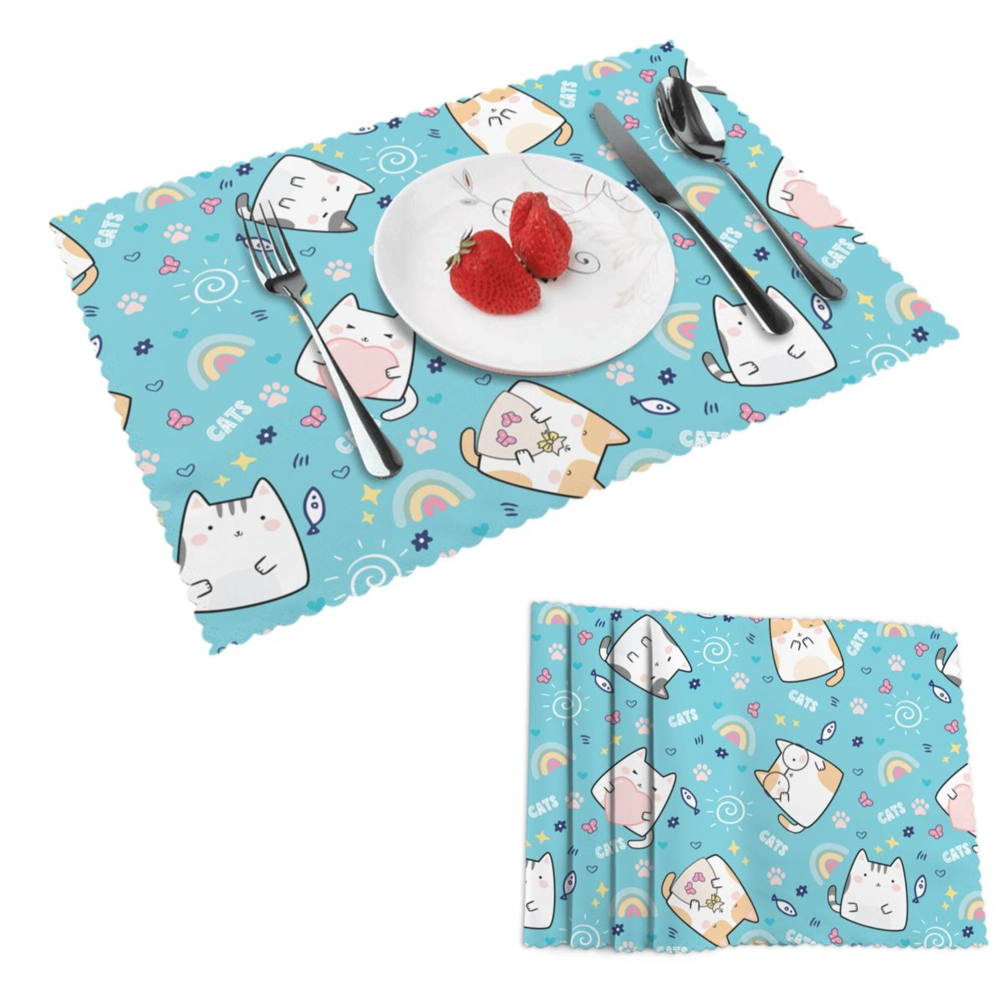 DouZhe Polyester Placemats Set of 4, Kawaii Cute Cats Cartoon Animals ...