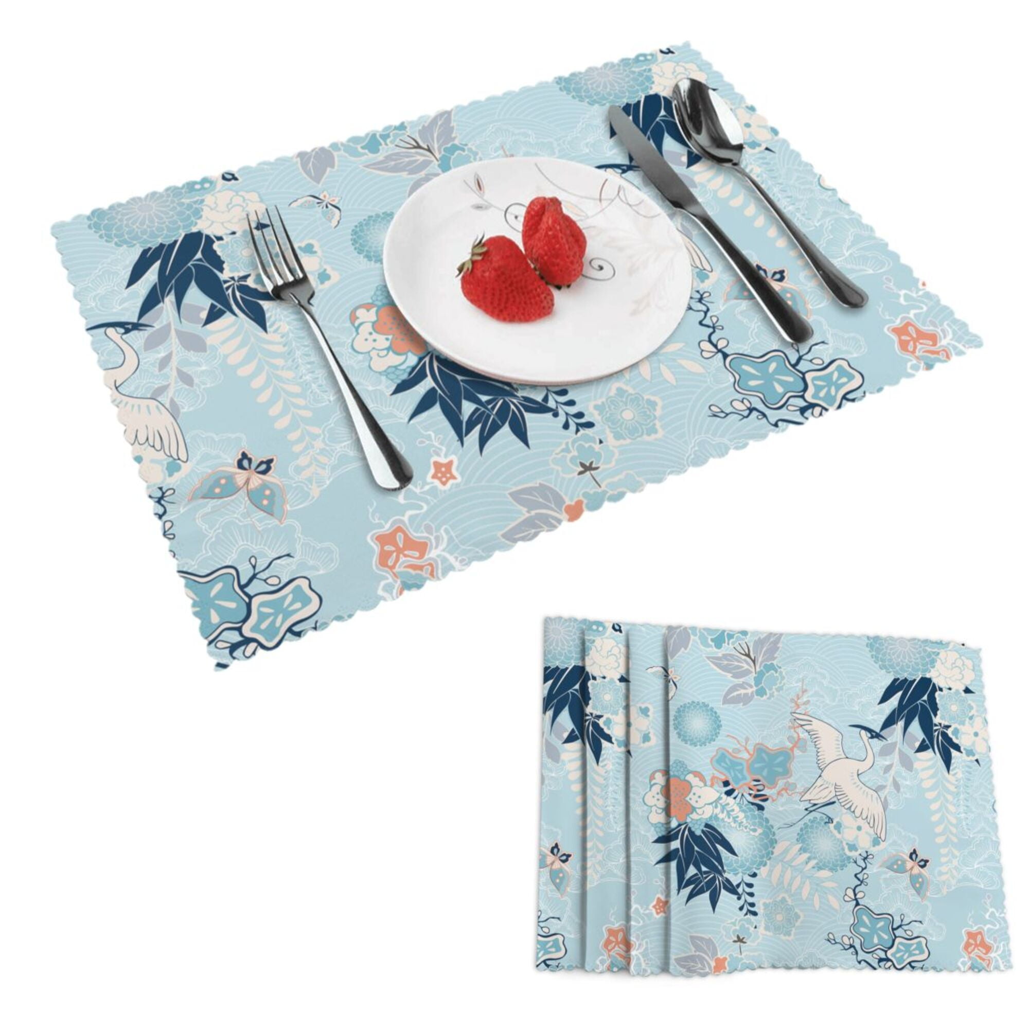 DouZhe Polyester Placemats Set of 4, Kimono Crane Flowers Pattern Heat ...