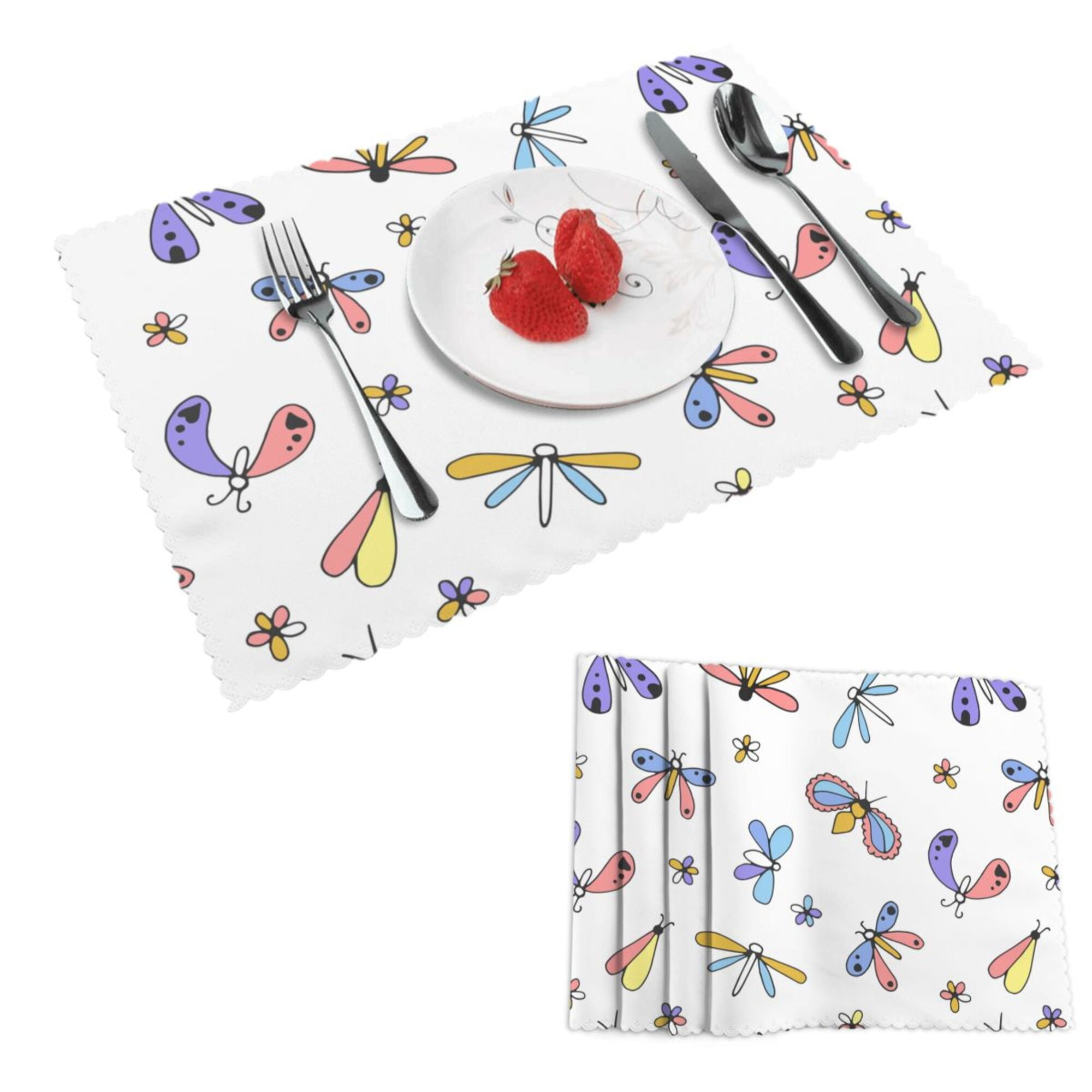 DouZhe Polyester Placemats Set of 4, Multicolored Dragonfly Butterflies ...