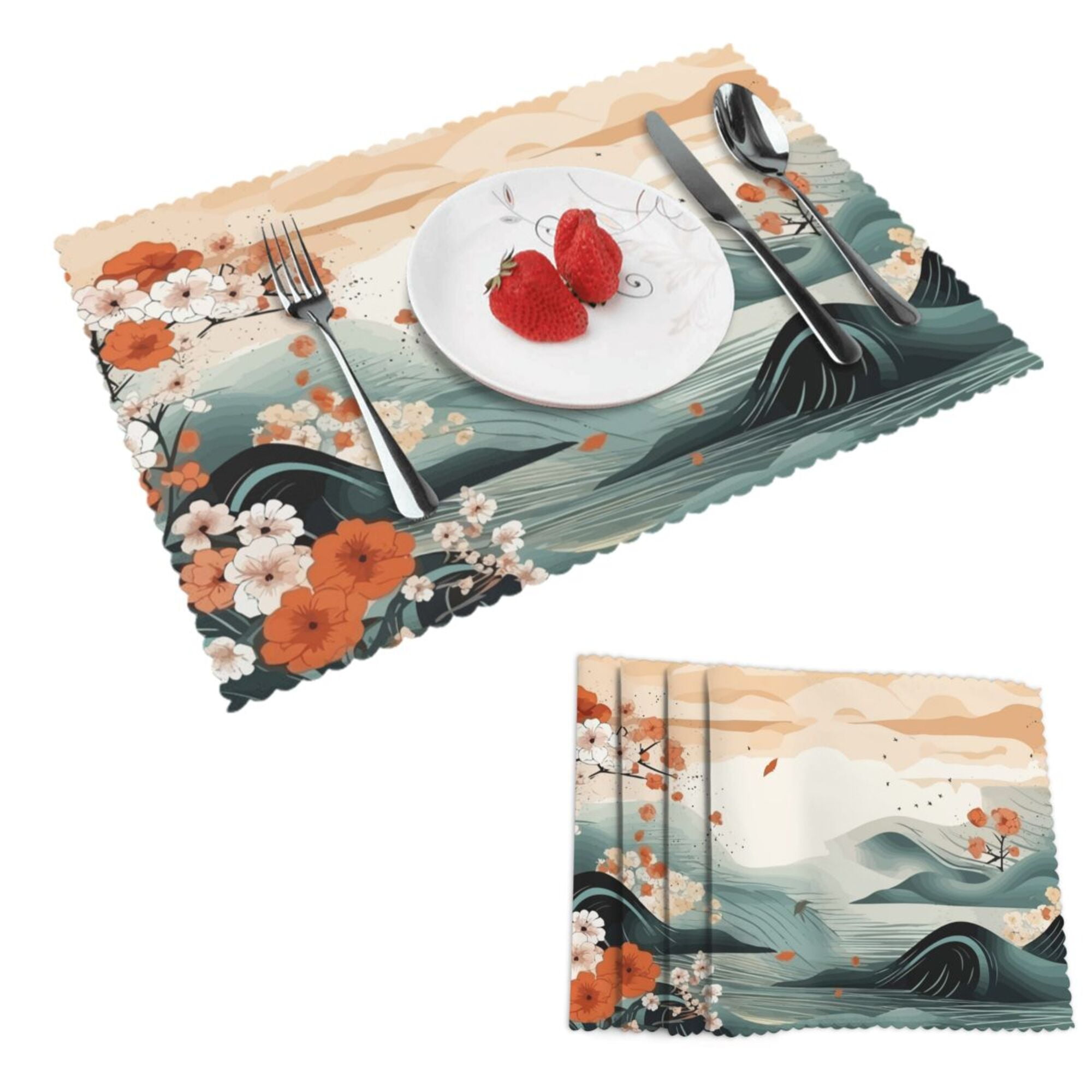 DouZhe Polyester Placemats Set of 4, Oriental Style Watercolor Waves ...