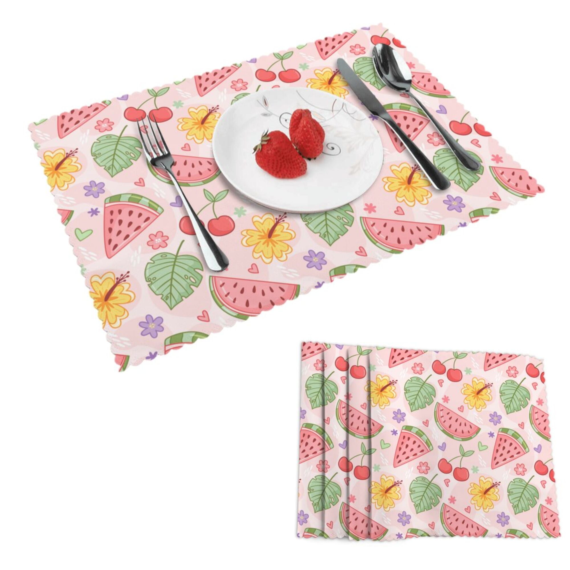 DouZhe Polyester Placemats Set of 4, Pink Pastel Fruit Motif Pattern ...