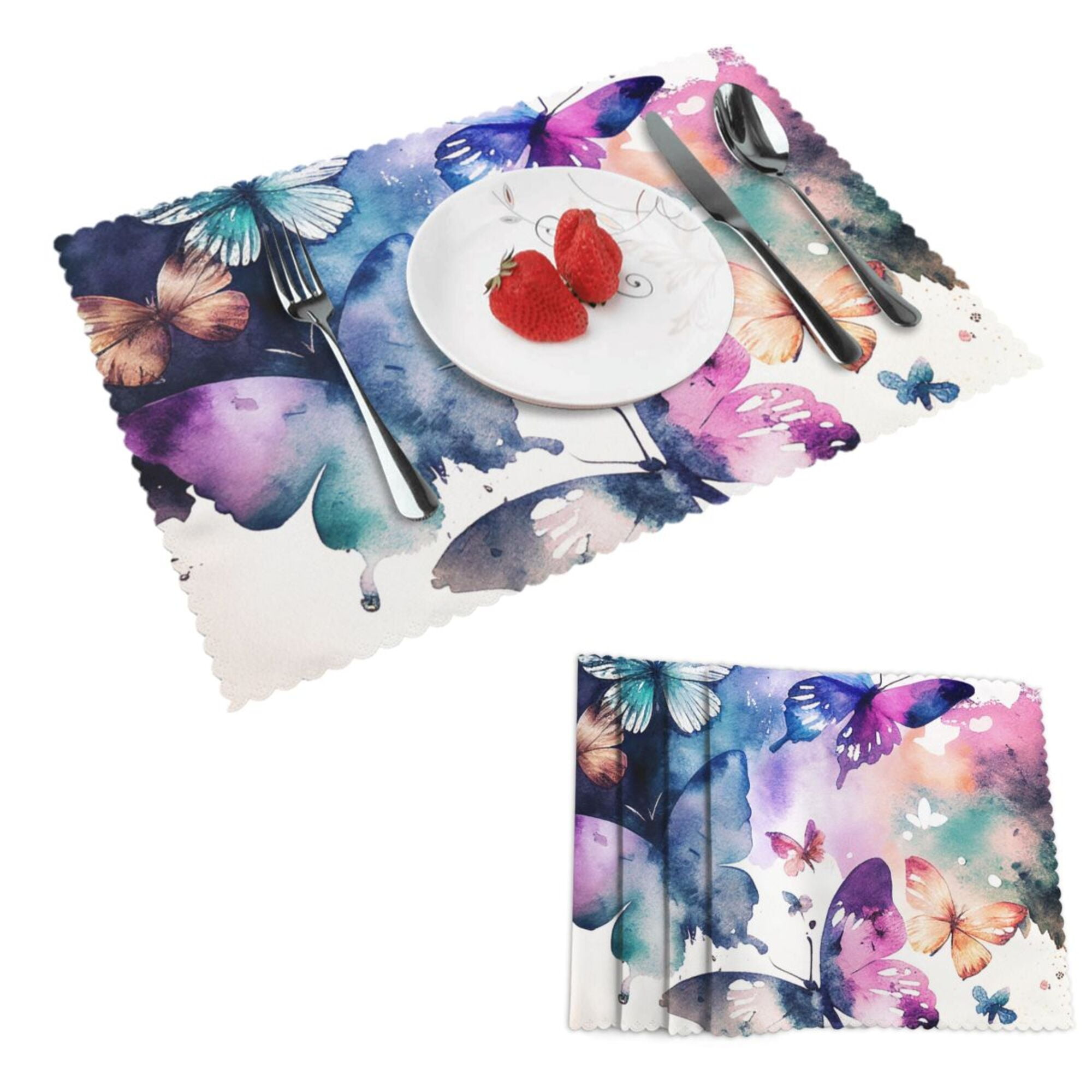 DouZhe Polyester Placemats Set of 4, Pink Watercolor Butterfly Pattern ...
