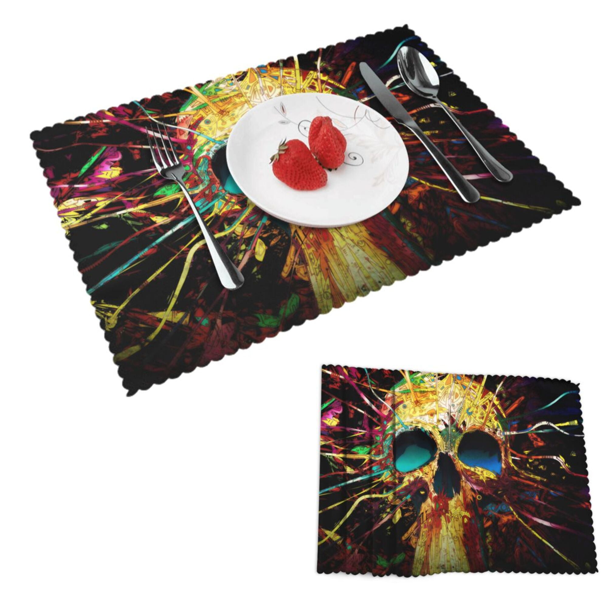 DouZhe Polyester Placemats Set of 4, Psychedelic Colorful Skull Pattern ...