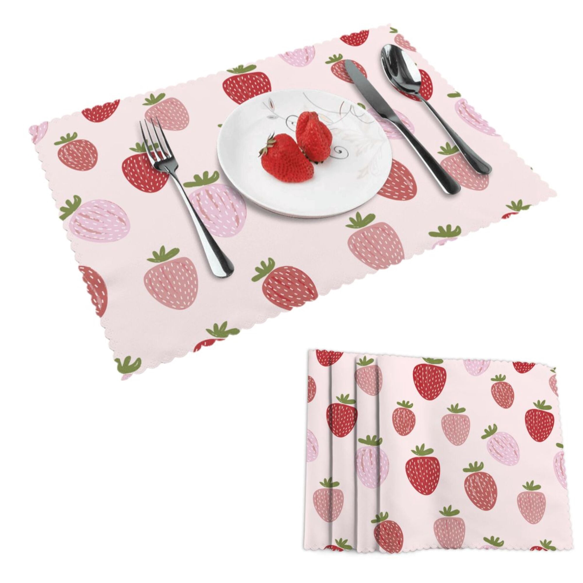 DouZhe Polyester Placemats Set of 4, Red Pink Strawberry Fruit Pattern ...
