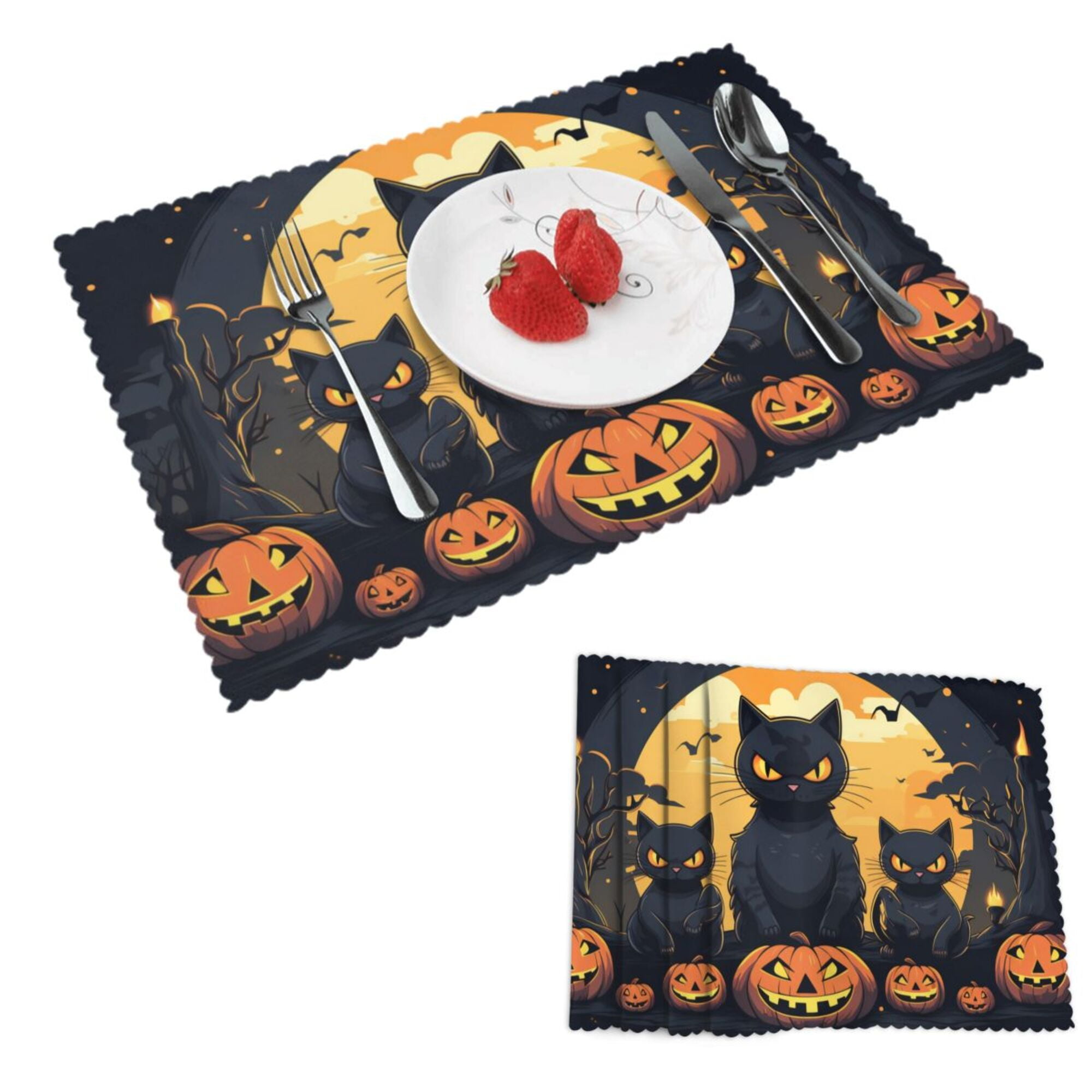 DouZhe Polyester Placemats Set of 4, Spooky Cats Halloween Celebration ...