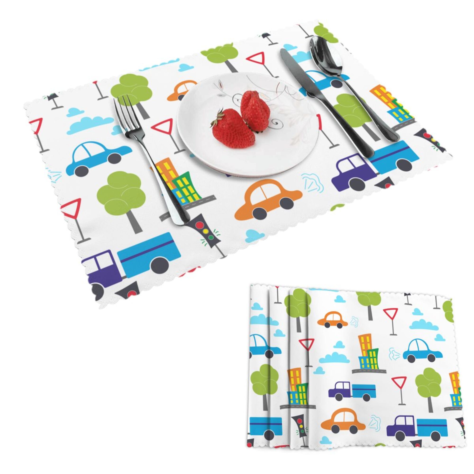 DouZhe Polyester Placemats Set of 4, Transportation Theme Cartoon Car ...