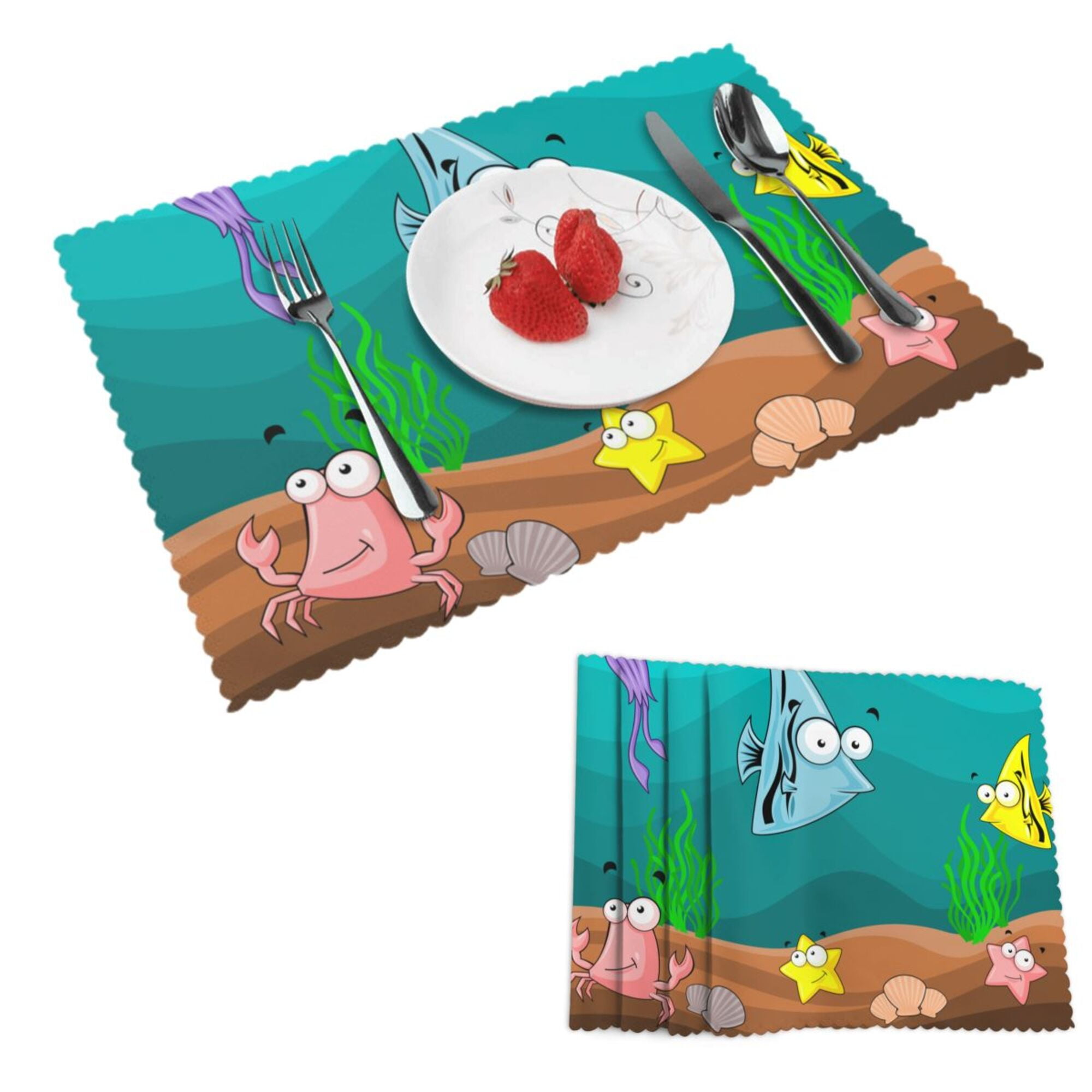 DouZhe Polyester Placemats Set of 4, Undersea Fish Crab Pattern Heat ...