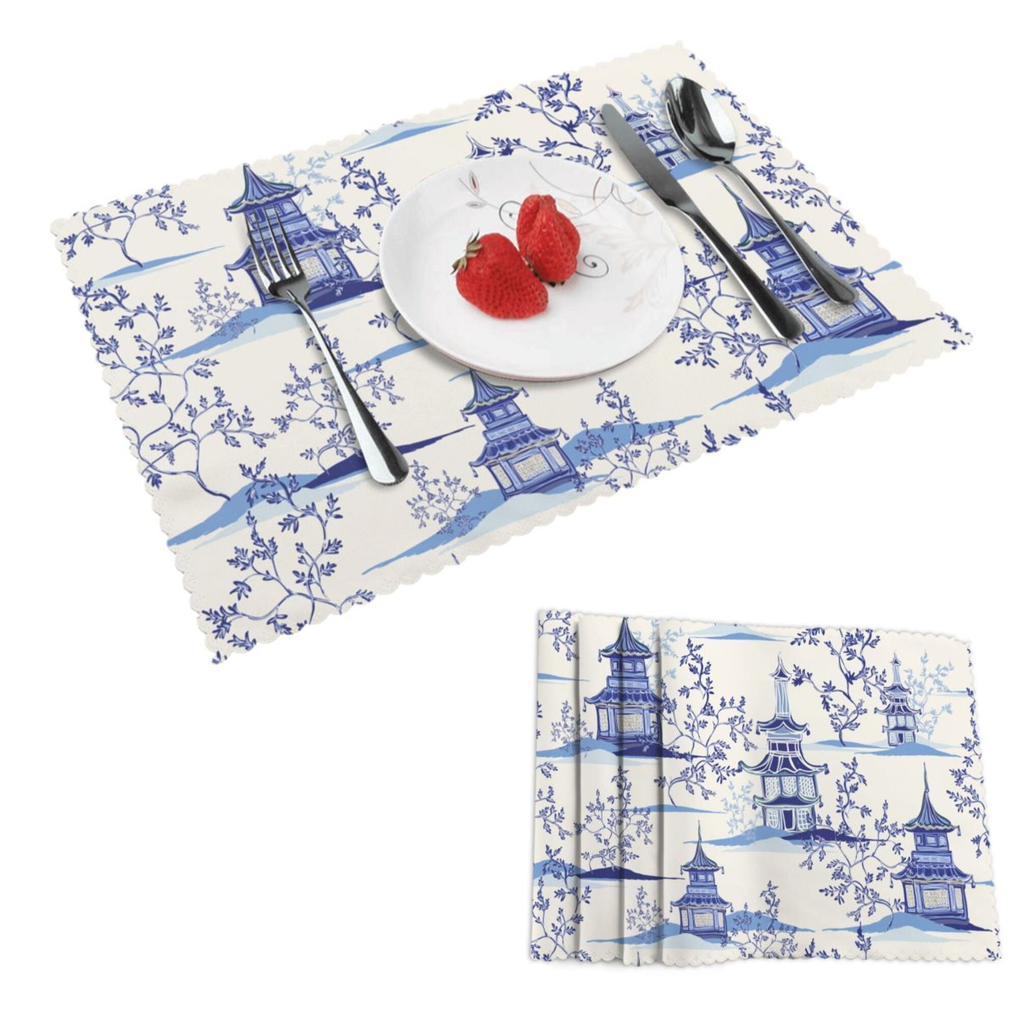 DouZhe Polyester Placemats Set of 4, Vintage Ink Blue Chinoiserie ...