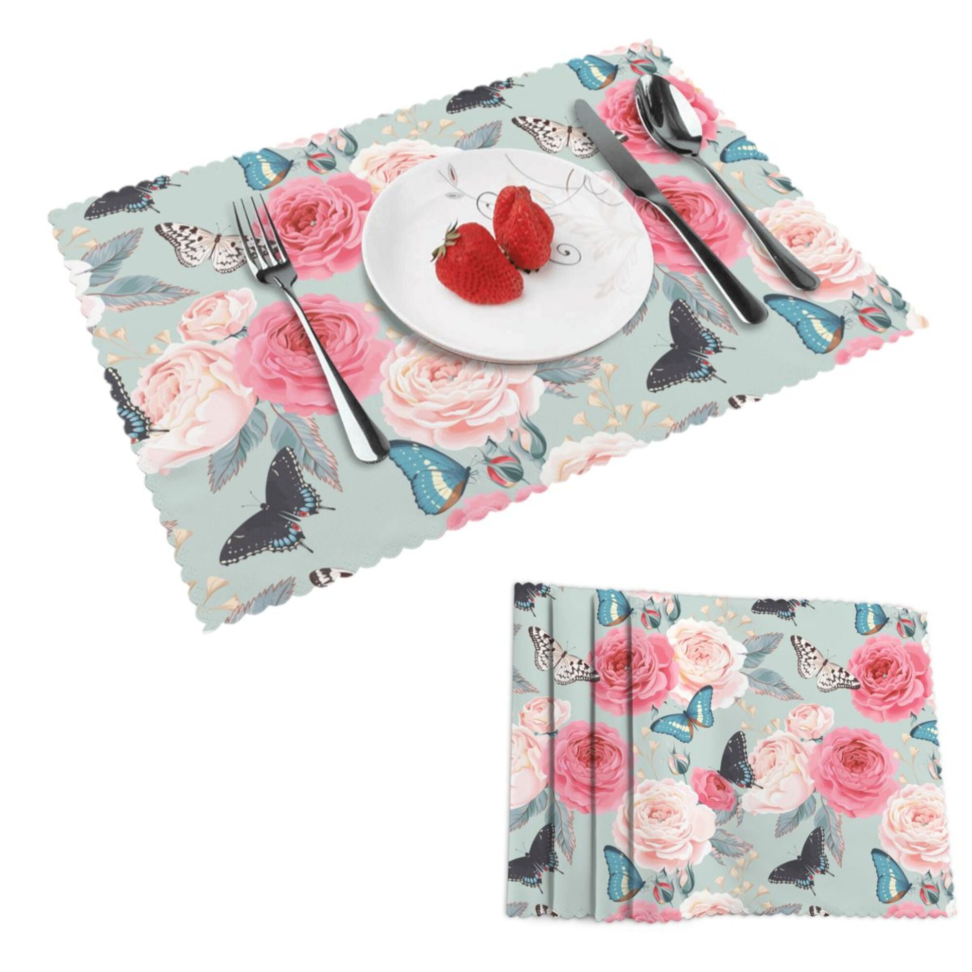 DouZhe Polyester Placemats Set of 4, Vintage Pink Roses Butterflie ...