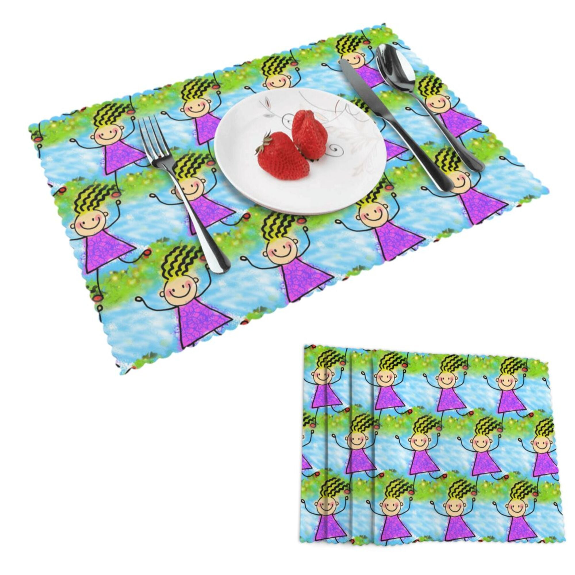 DouZhe Polyester Placemats Set of 4, Whimsical Doodle Smile Girl ...