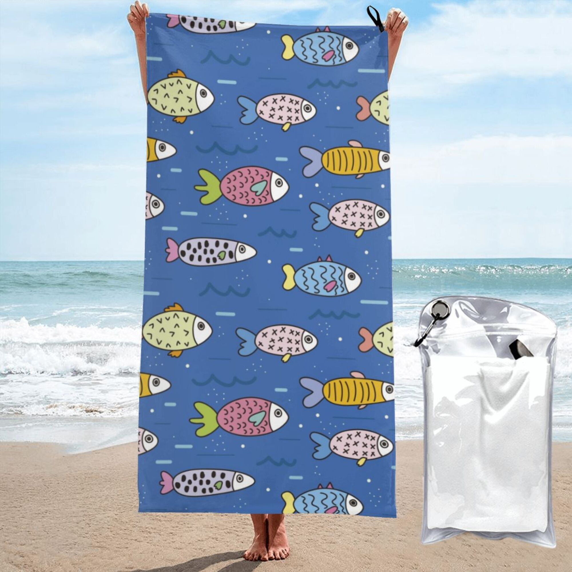 DouZhe Quick Dry Beach Towel, Super Absorbent Blue Sea Fish Pattern ...
