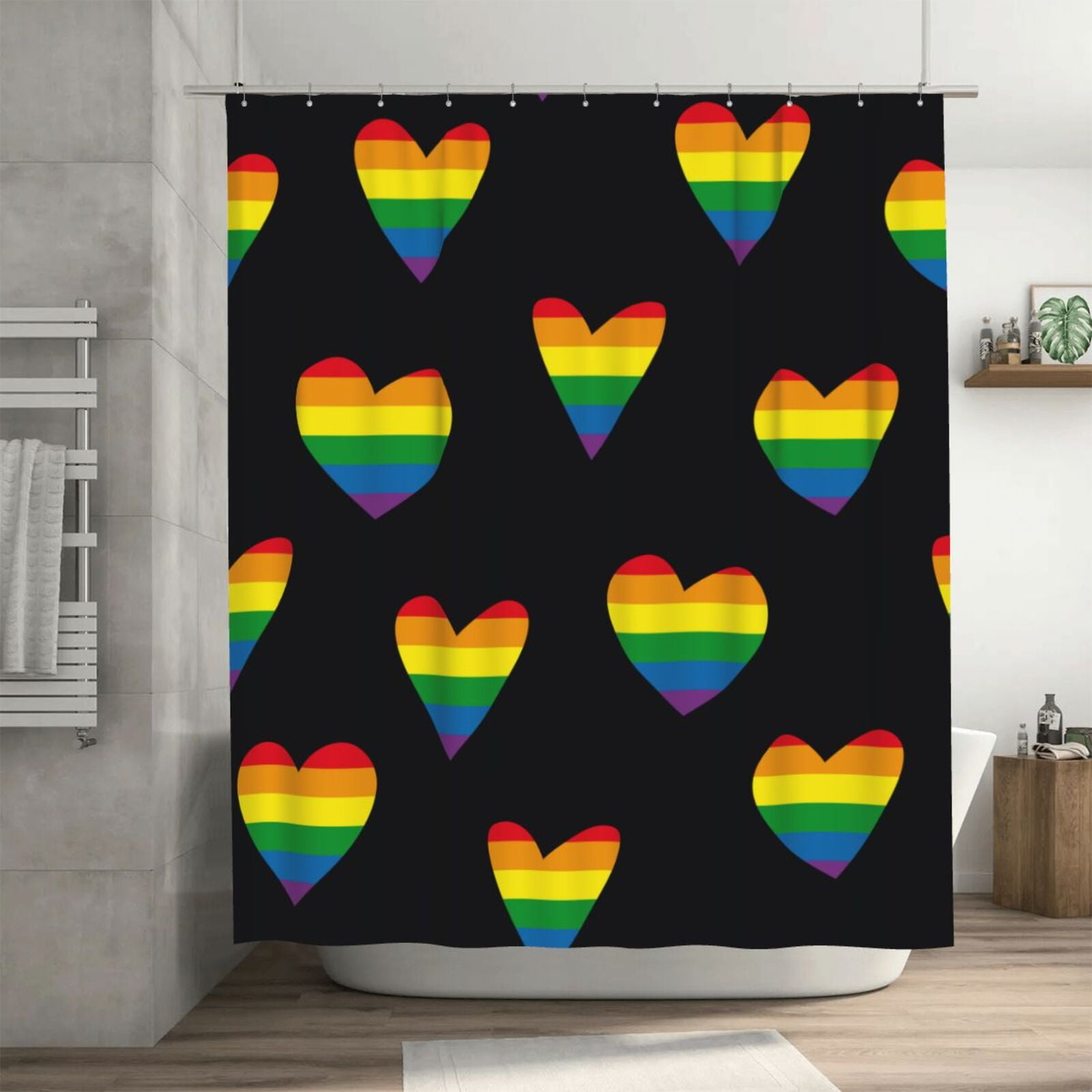 Douzhe Rainbow Hearts Lgbt Pride Pattern Shower Curtain Waterproof