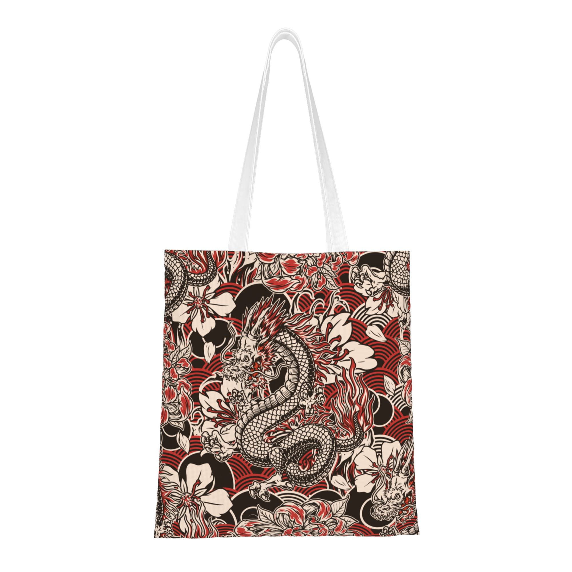DouZhe Reusable Grocery Bags, Fantasy Dragon Flowers Waves Lightweight ...