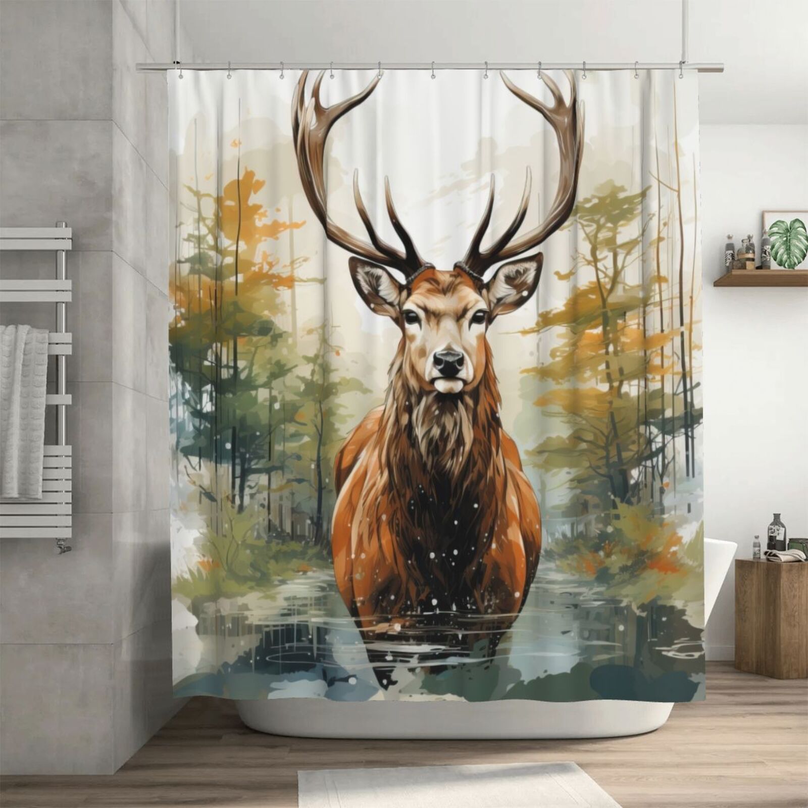 DouZhe Watercolor Forest Deer Pattern Shower Curtain, Waterproof Bath ...