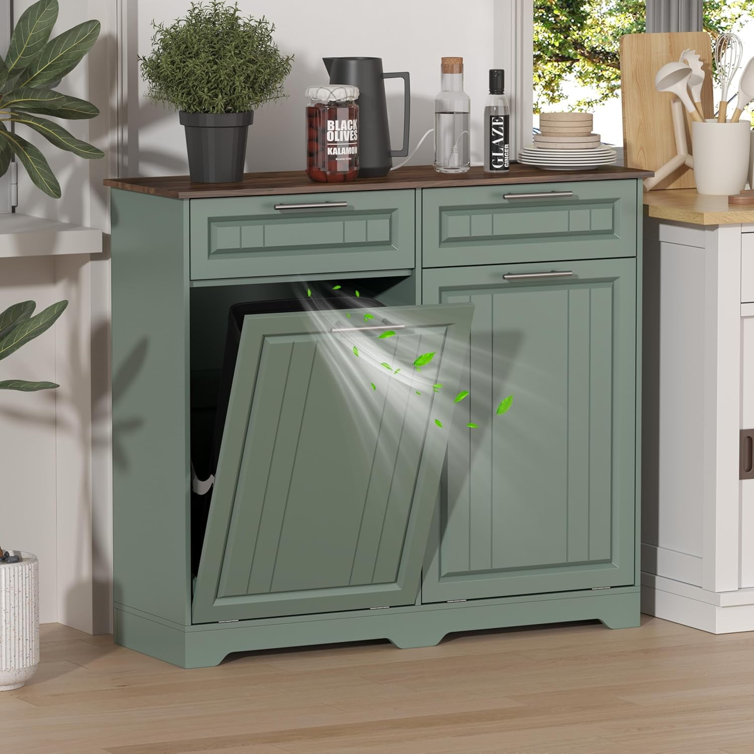 Double 10 Gallon Tilt Out Trash Can Cabinet with Deodorizing Function ...