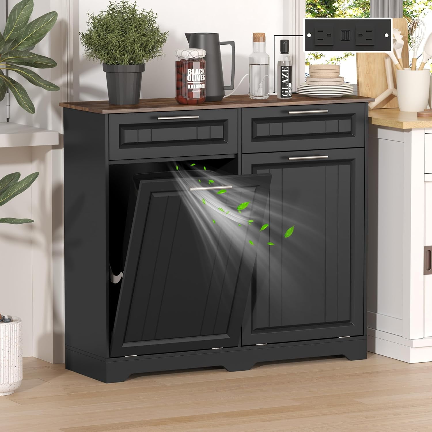 Double 10 Gallon Tilt Out Trash Can Cabinet with Deodorizing Function ...