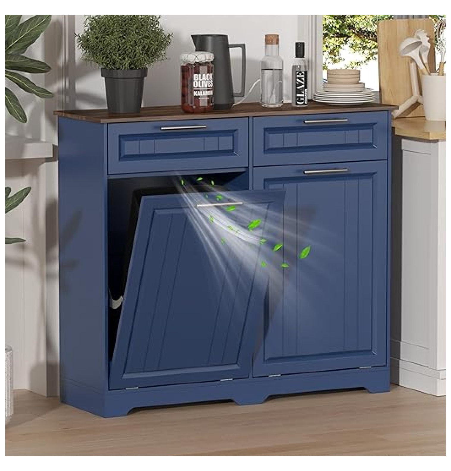 Double 10 Gallon Trash Can Cabinet with Outlet, Kitchen Garbage Can ...