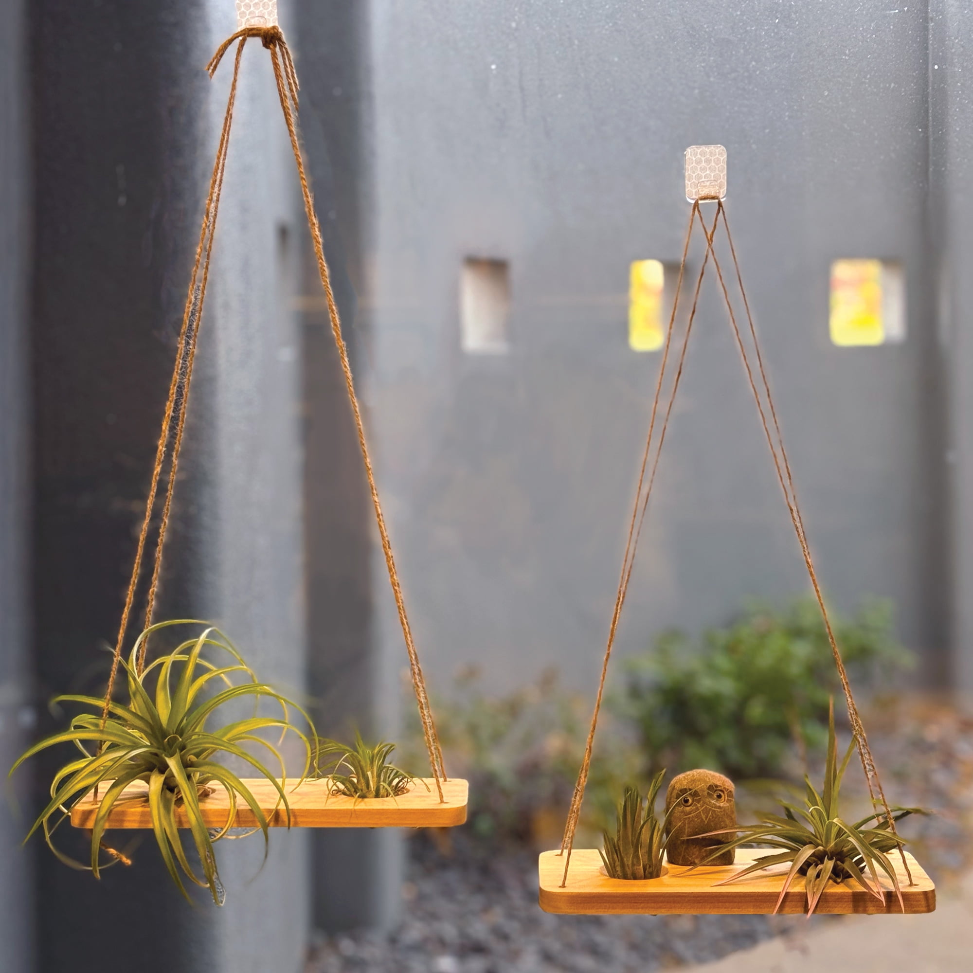 Double Air Plant Swing Set with Stone Owl – Two Hanging Wood Swings for ...
