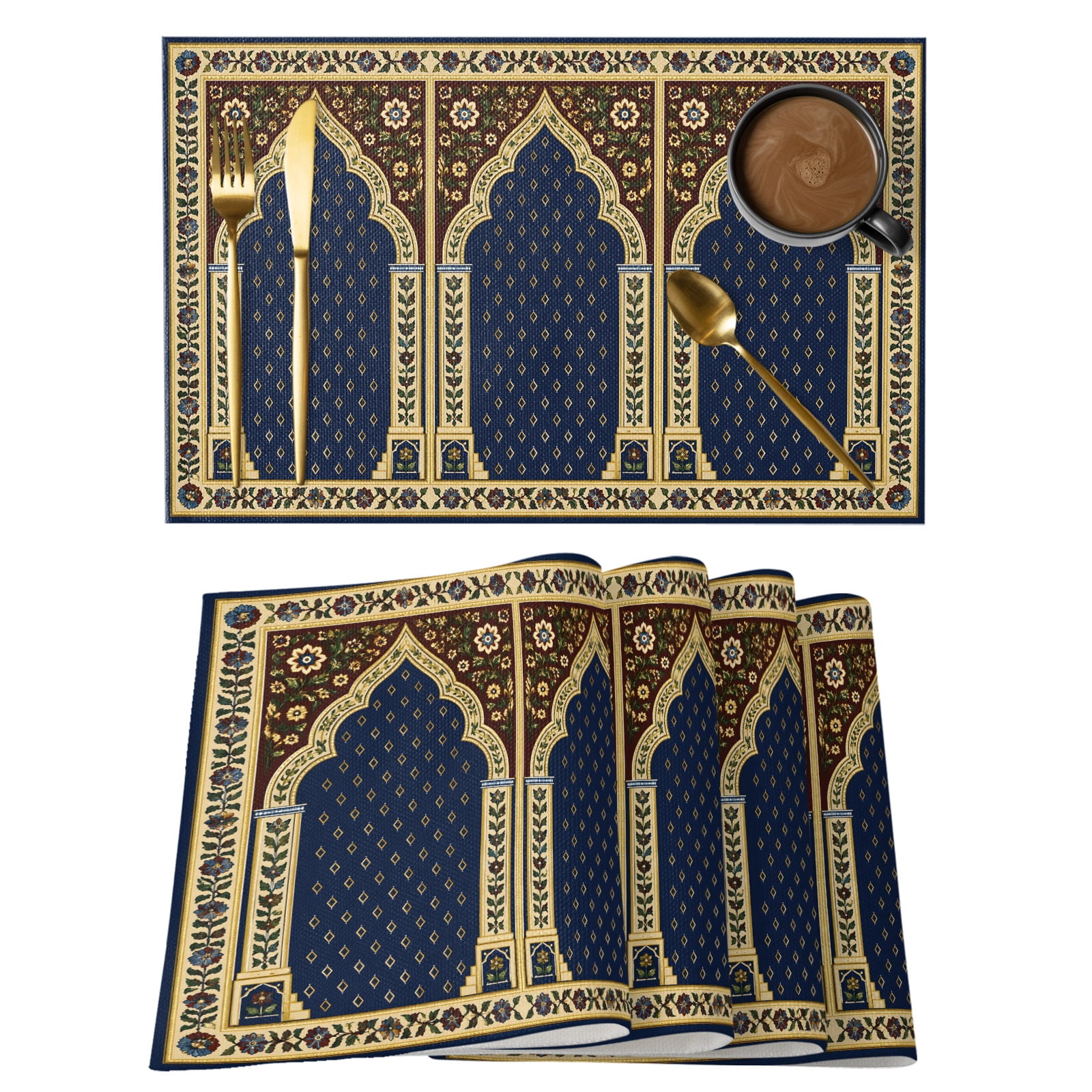 Double Arches Cotton Linen Placemats Set of 2, Vintage Traditional Blue ...