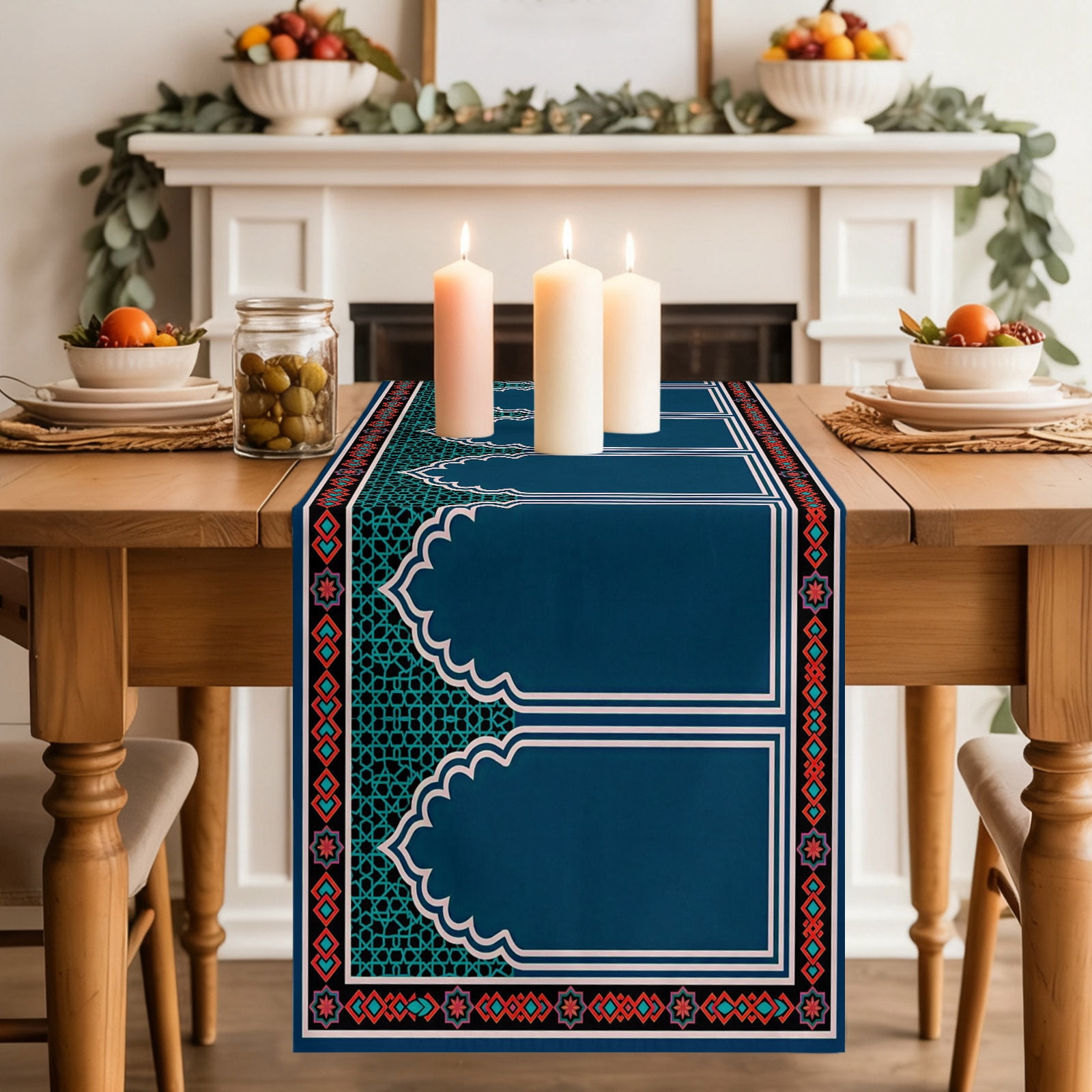 Double Arches Dining Table Runner, Ethnic Navy Blue Red Ornate Frame ...