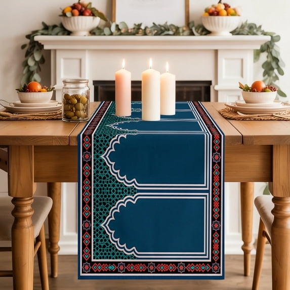 Double Arches Dining Table Runner, Ethnic Navy Blue Red Ornate Frame ...