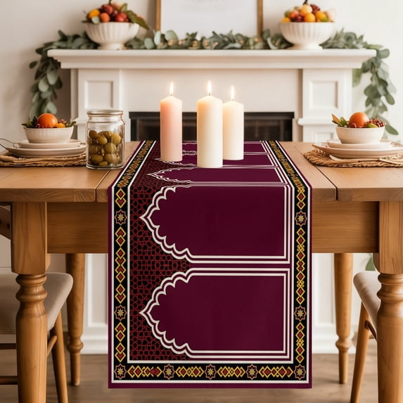 Double Arches Dining Table Runner, Ethnic Purple Gold Ornate Frame ...