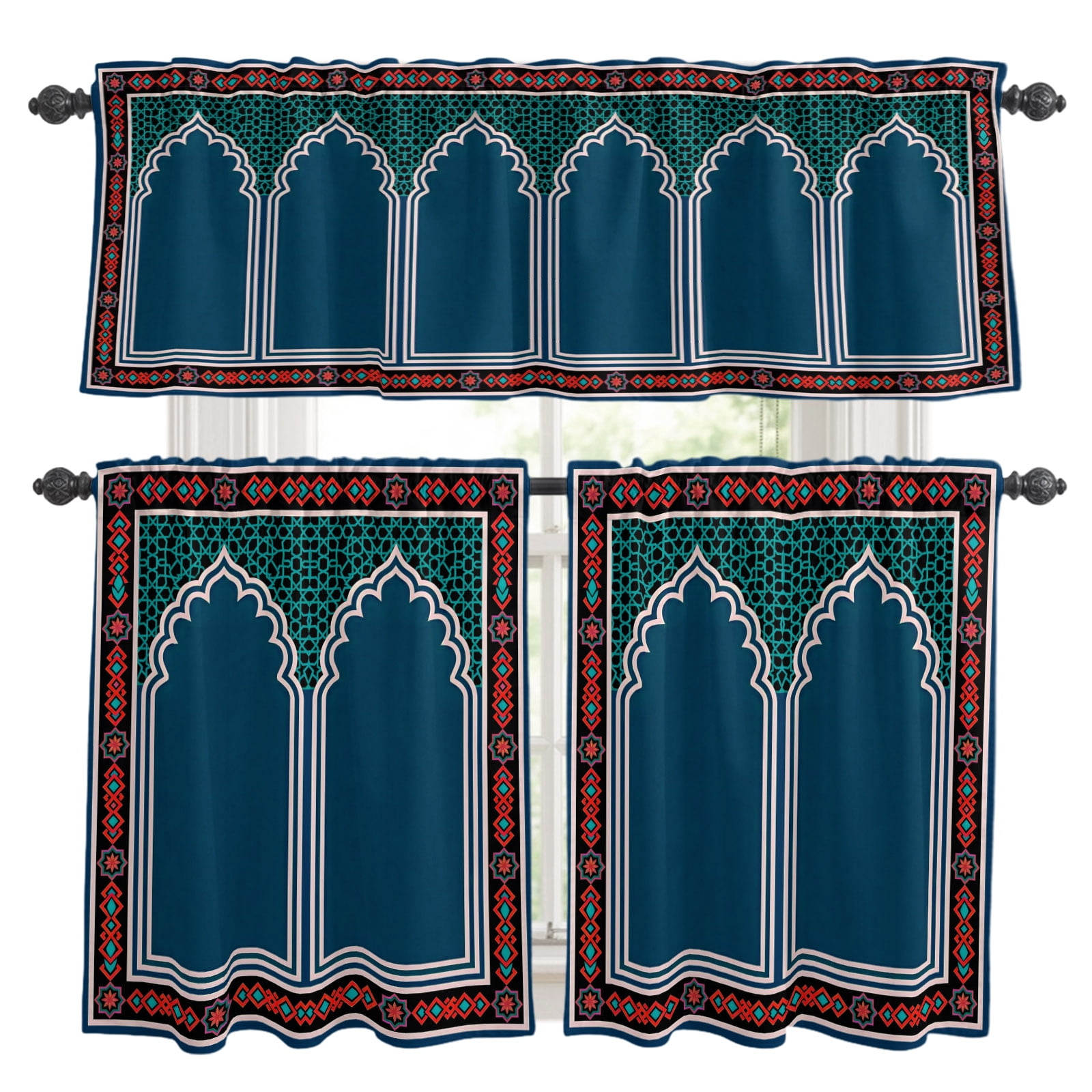 Double Arches Kitchen Curtains Set for Windows, Ethnic Navy Blue Red ...
