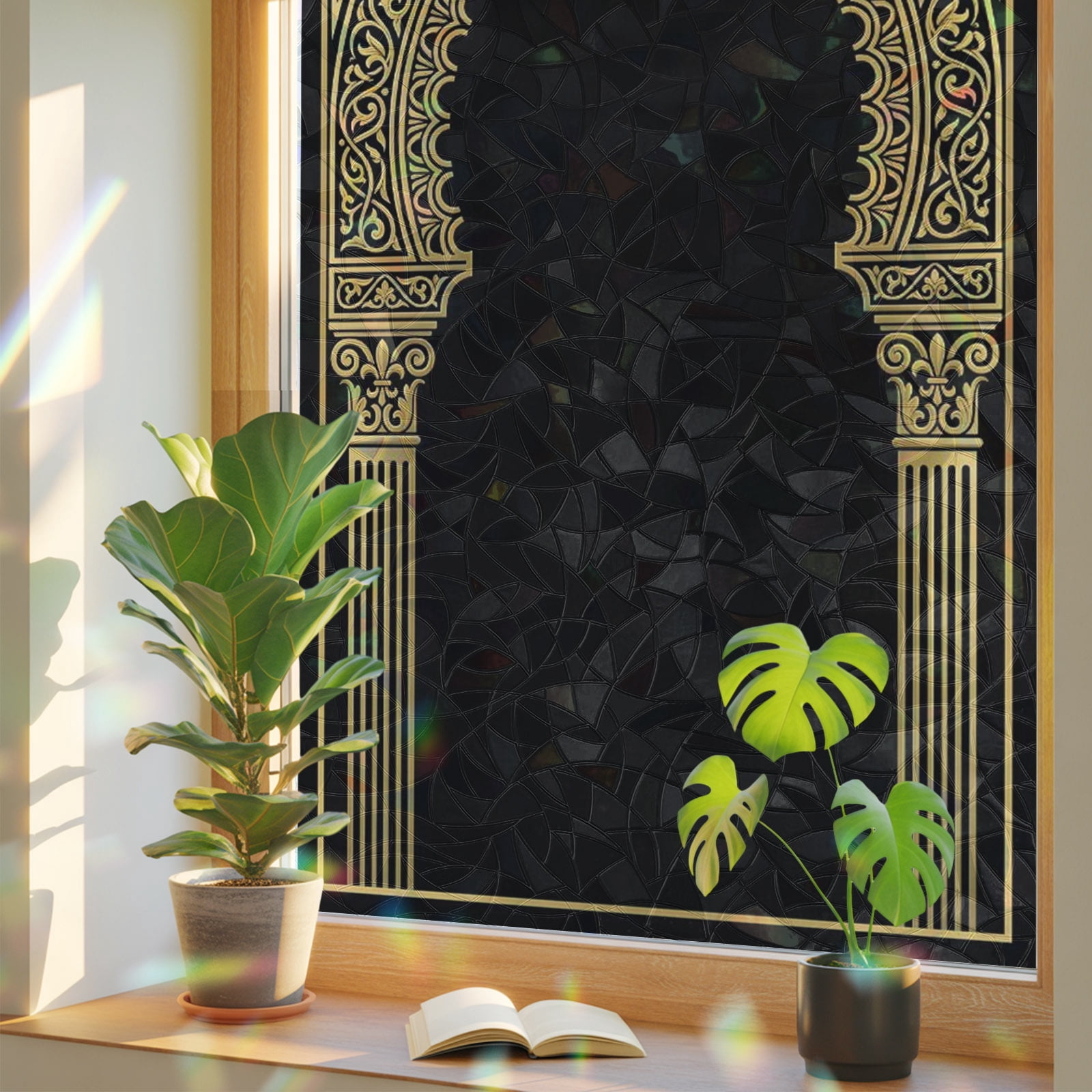 Double Arches Window Privacy Film, Vintage Ethic Traditional Gold Black ...