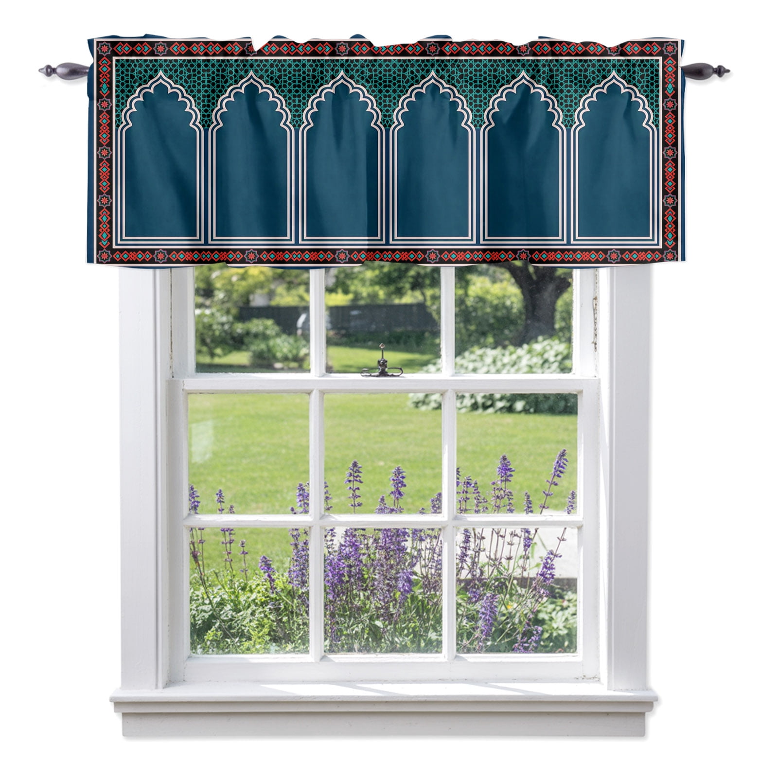 Double Arches Window Valance for Kitchen, Ethnic Navy Blue Red Ornate ...