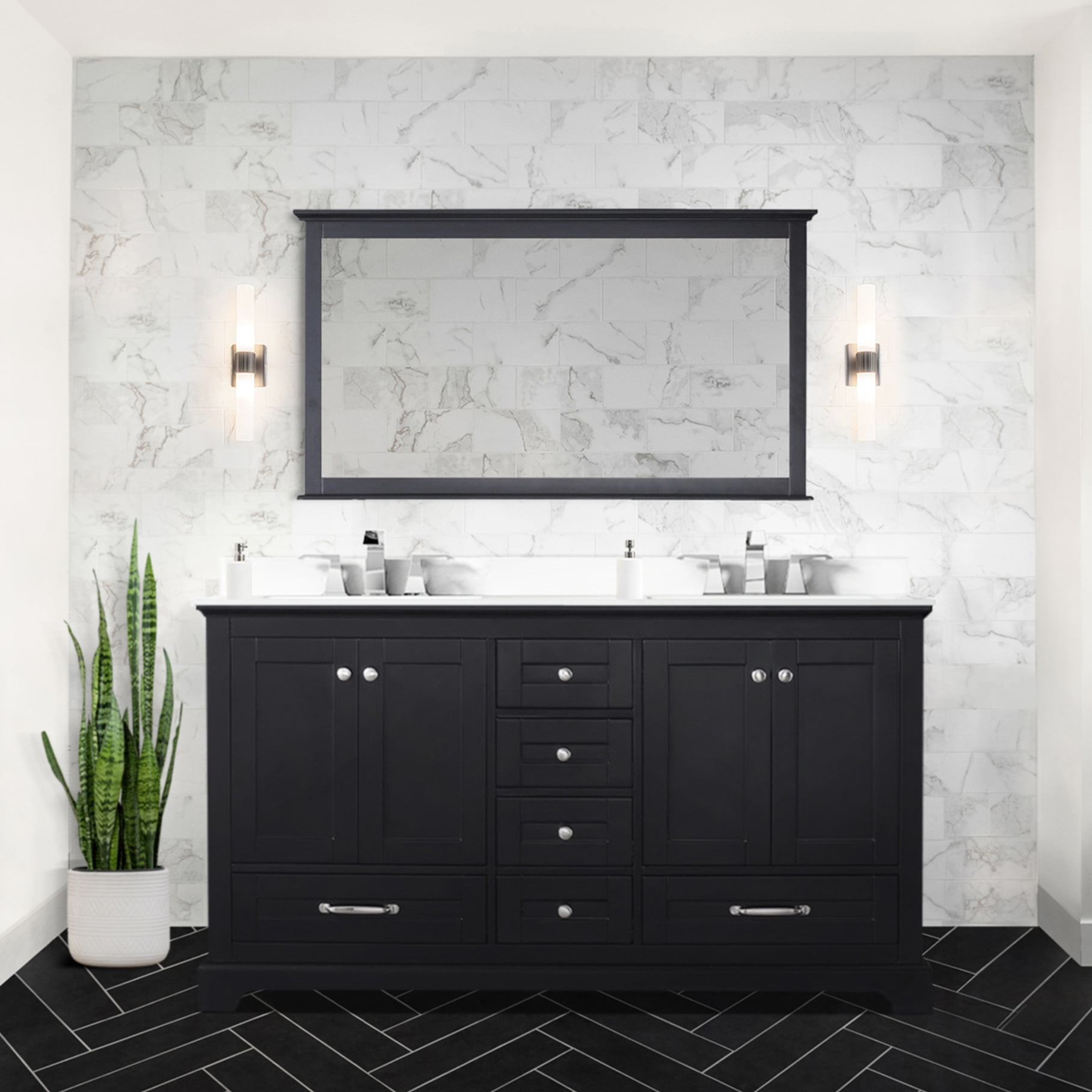 Double Bath Vanity 60 In. X 22 - 58 Mirror Two Interior Cabinets, Six Drawers & Open Shelf For ...