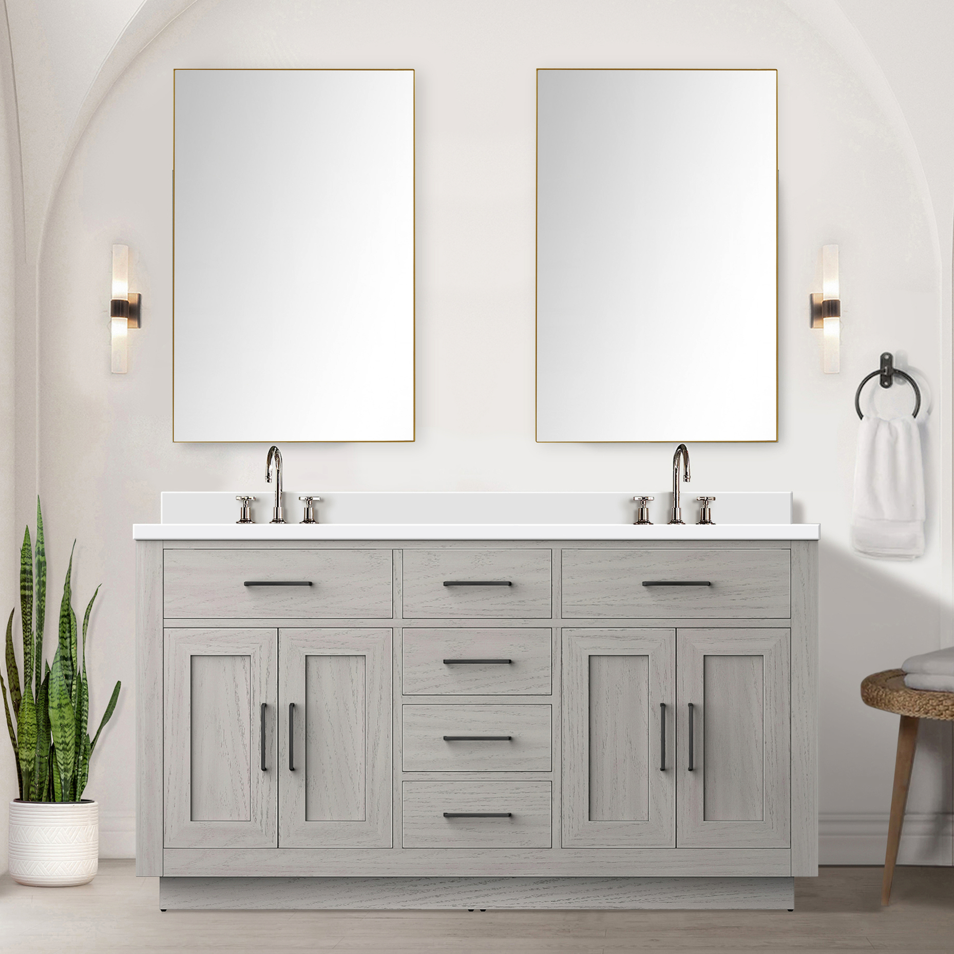 Double Bath Vanity 60x22 White Oak, Quartz Top, 55" Mirror, Soft Close ...