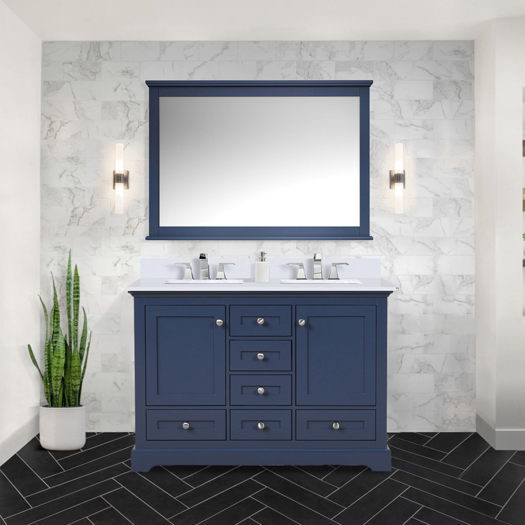 Double Bath Vanity In Navy Blue, With Cultured Marble And Spacious ...