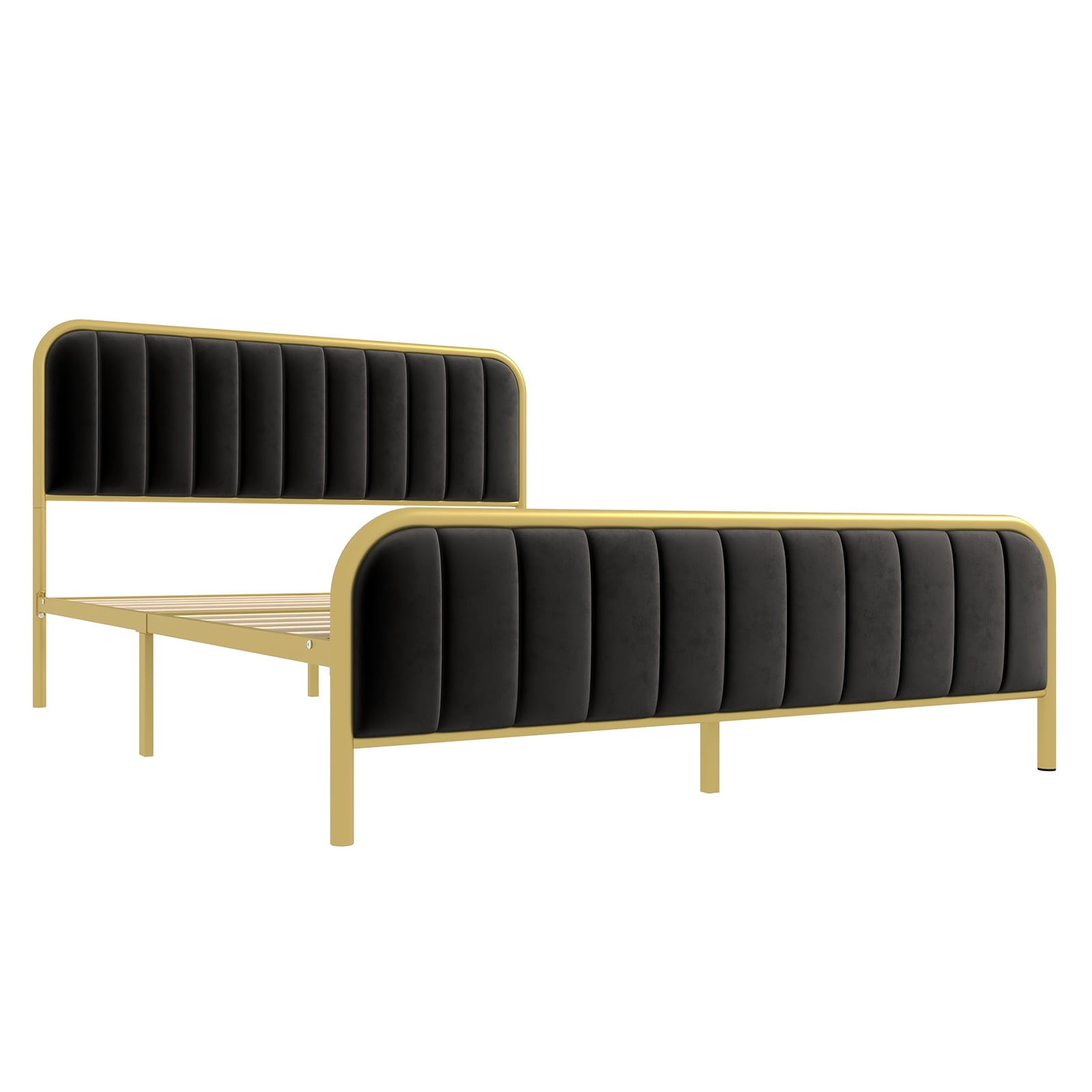 Double Bed, Metal Tube Vertical Gold Frame Bed, Velvet Upholstered Bed ...