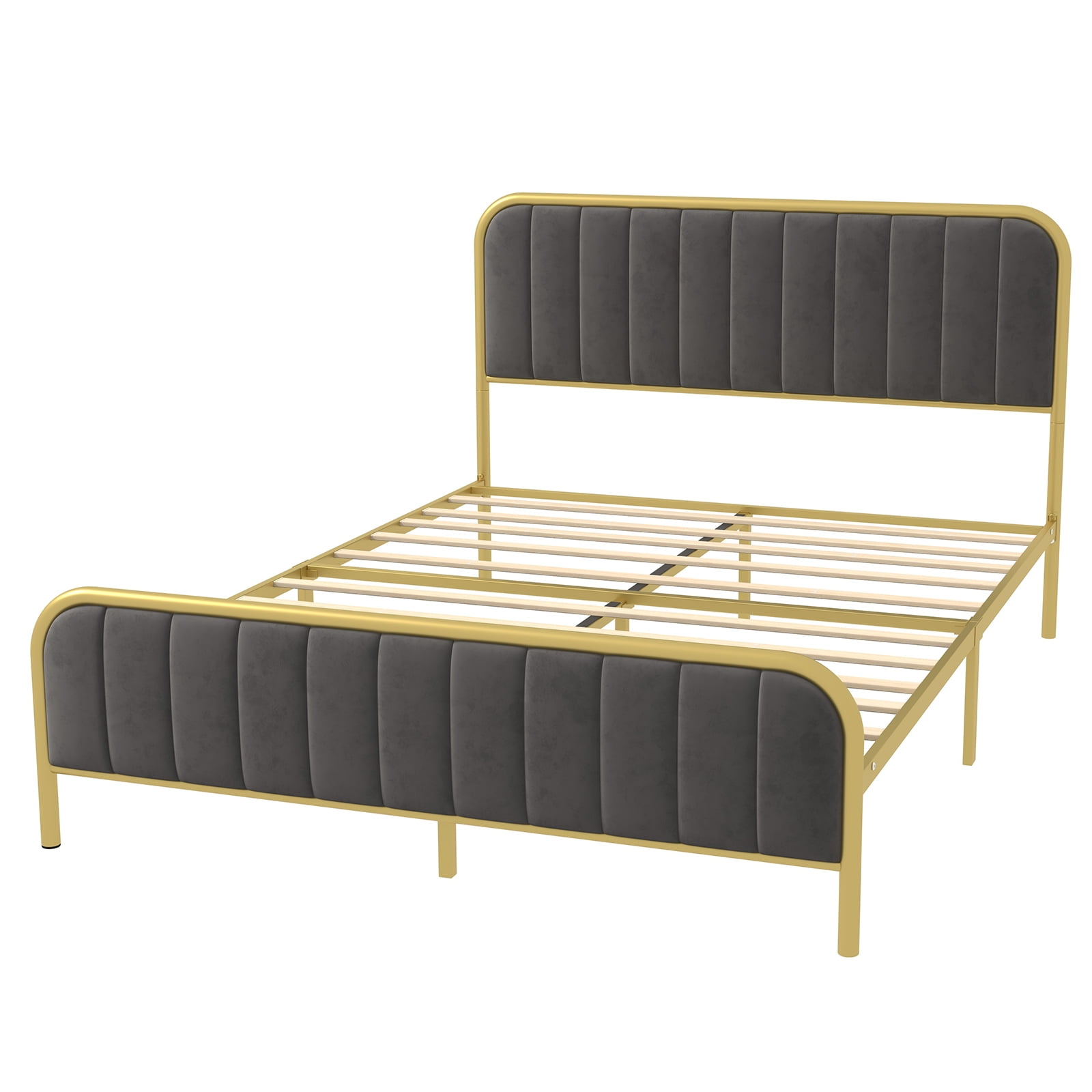 Double Bed, Metal Tube Vertical Gold Frame Bed, Velvet Upholstered Bed ...