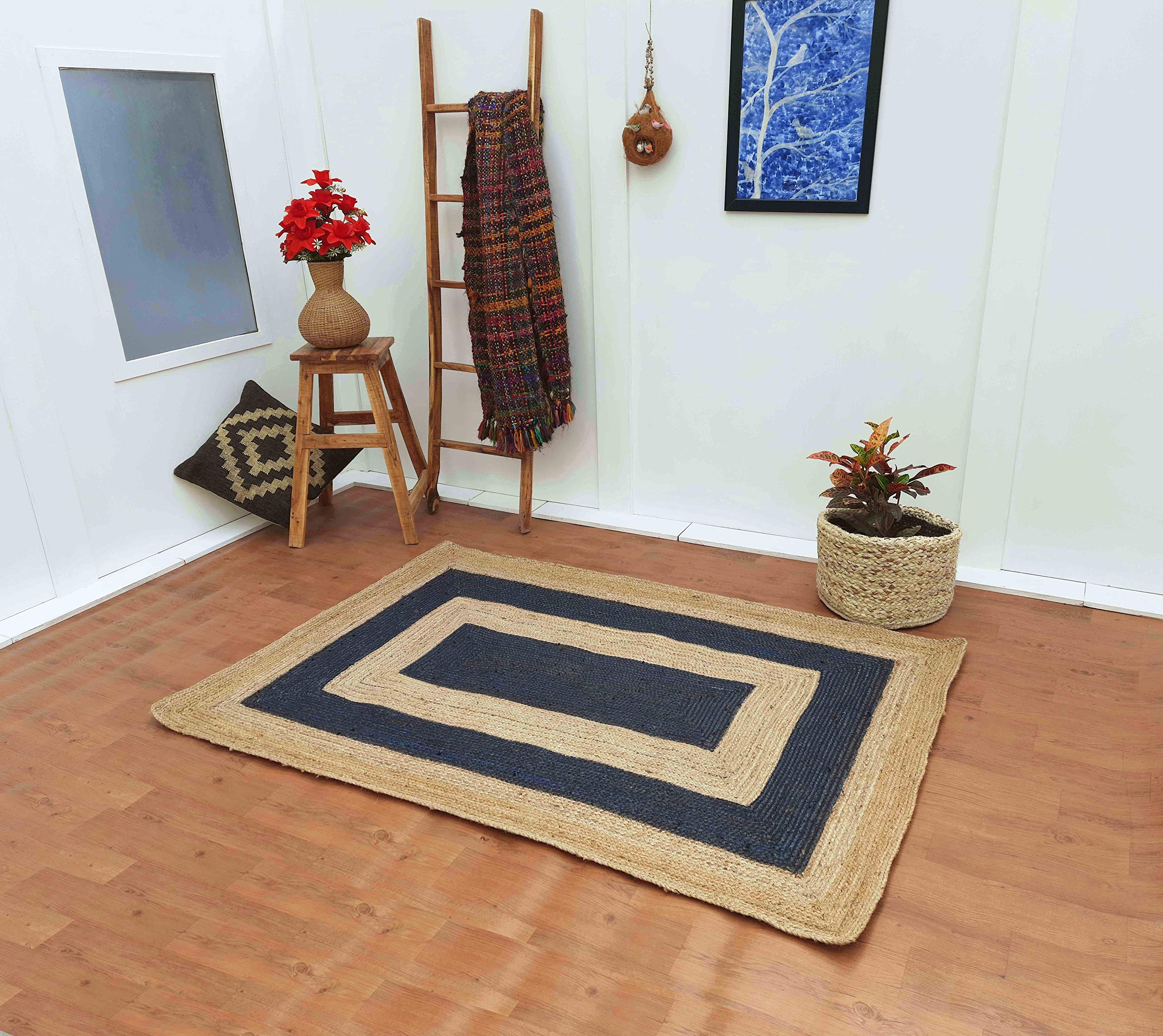 Double Bordered Navy Jute Braided Rug Double Bordered Navy Jute Braided ...