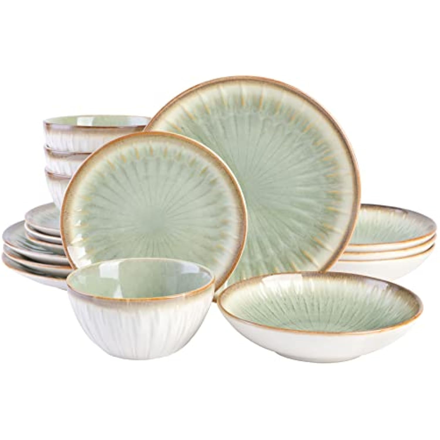 Double Bowl Dinnerware Set 16-Piece, Green - Chip-Resistant Ceramic ...