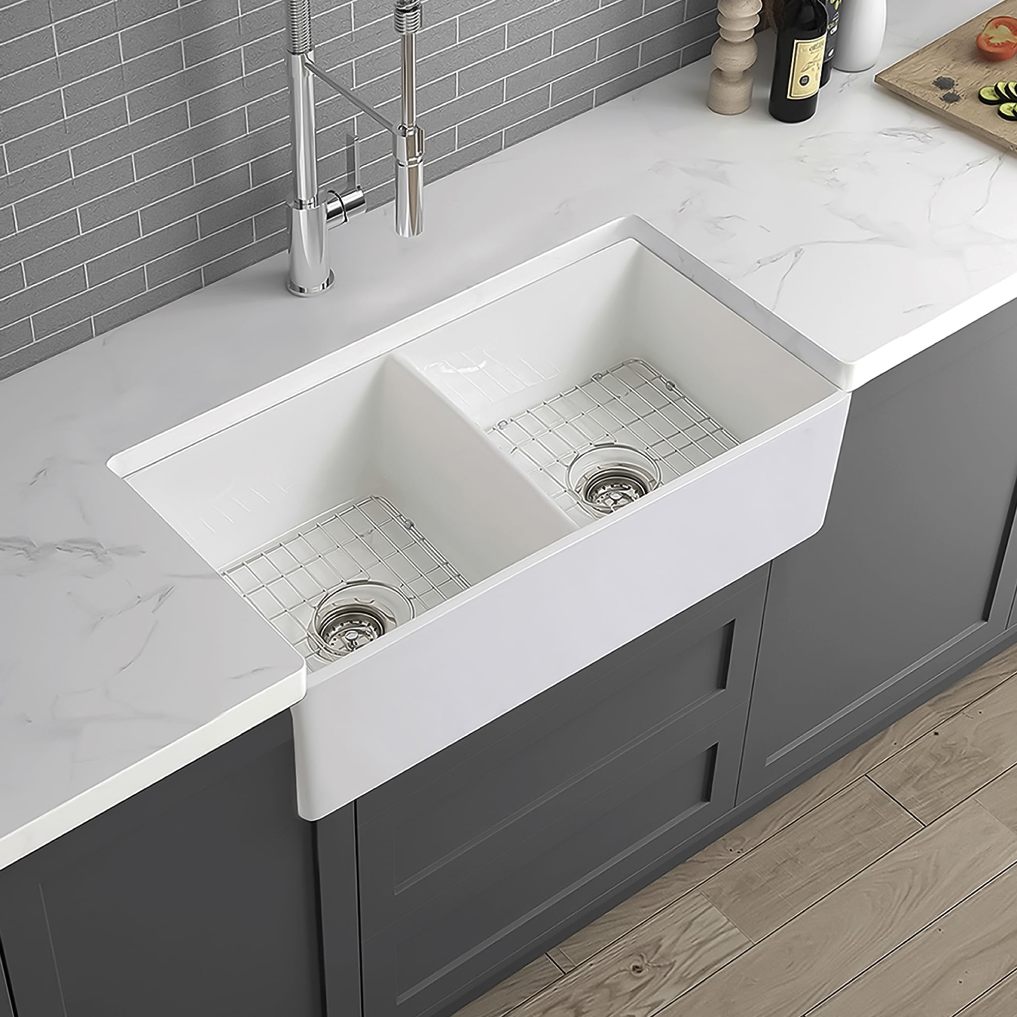 Double Bowl Kitchen Sink - 33 Inch Fireclay Deep Apron Front Kitchen ...