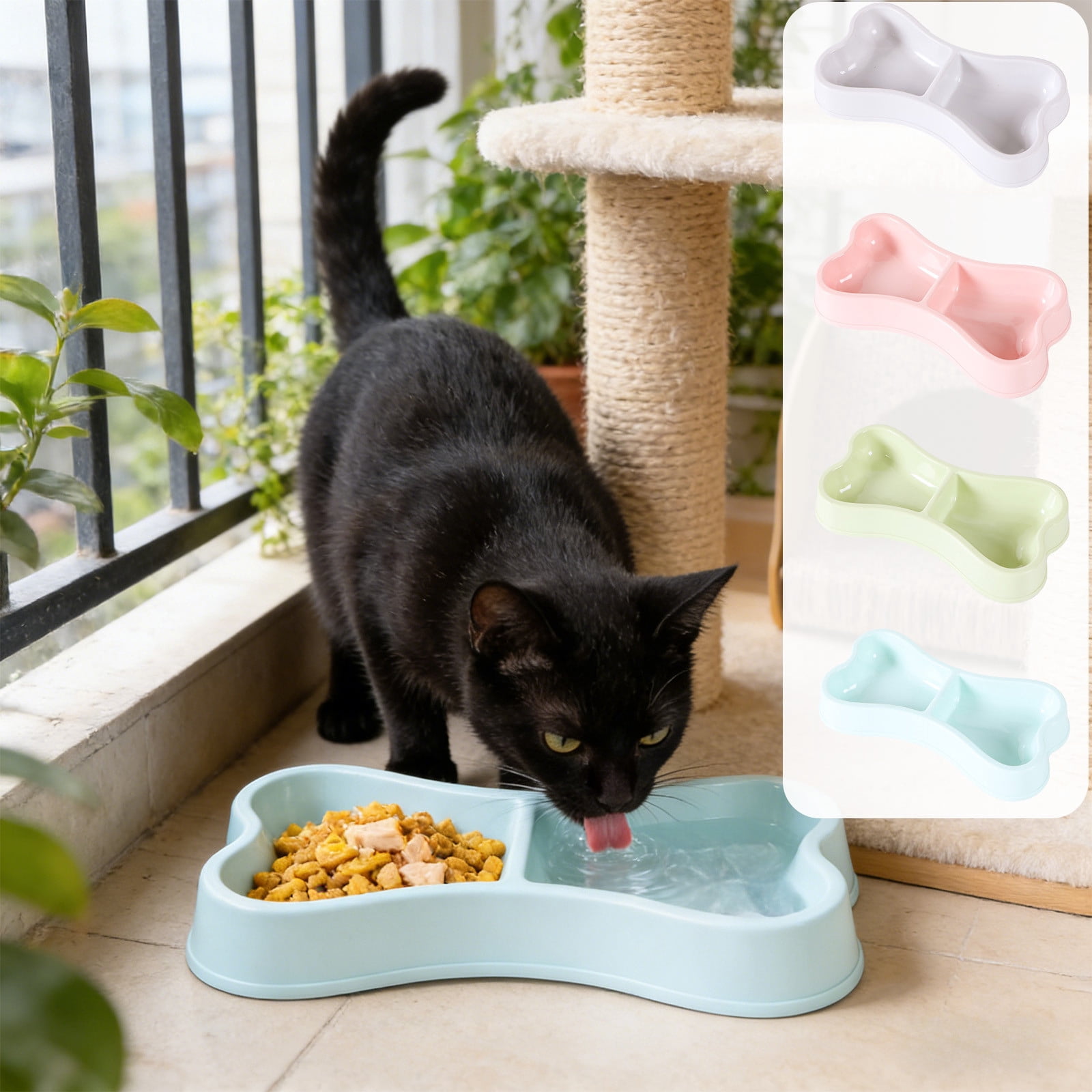 Double Bowl Pet Feeder | Bones-Shaped Litterless Food & Water Dish ...