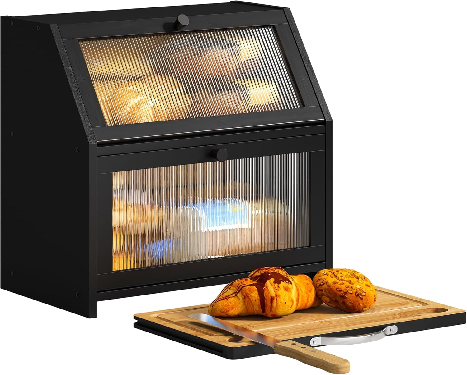 Double Bread Box with Cutting Board Kitchen Countertop Bread Box Bamboo ...