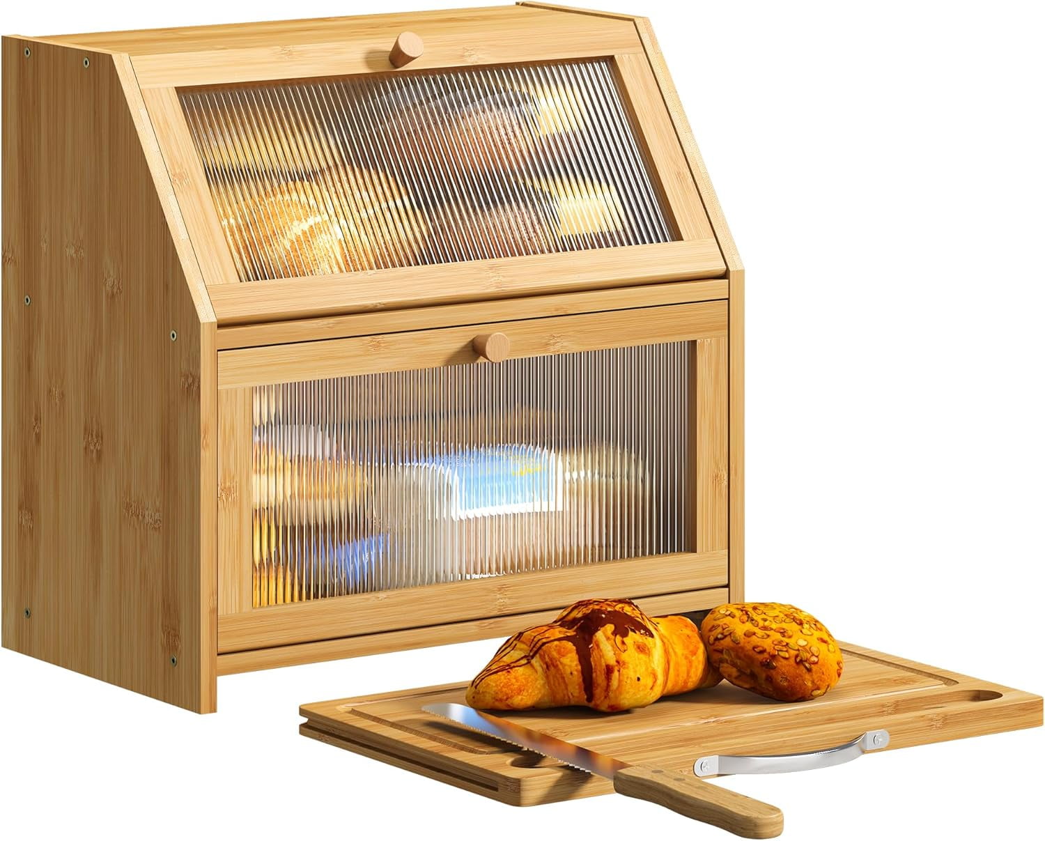 Double Bread Box with Cutting Board Kitchen Countertop Bread Box Bamboo ...