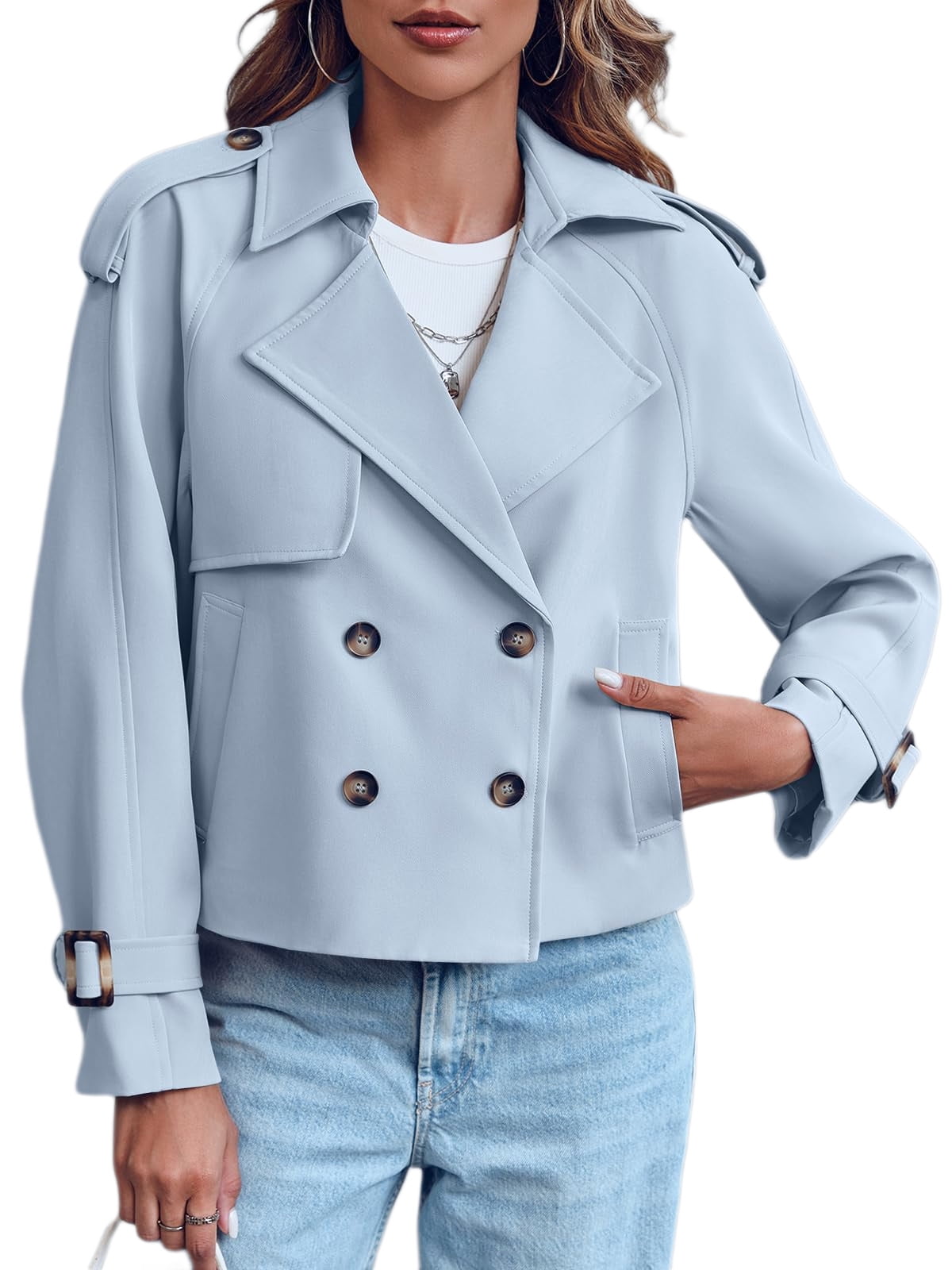 Double Breasted Women Solid Color Casual Crop Trench Coat Lady Office ...