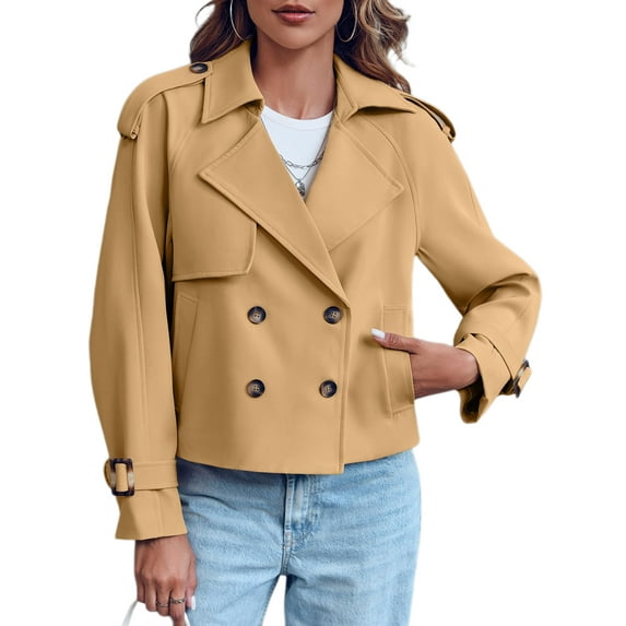 Double Breasted Women Solid Color Casual Crop Trench Coat Lady Office ...