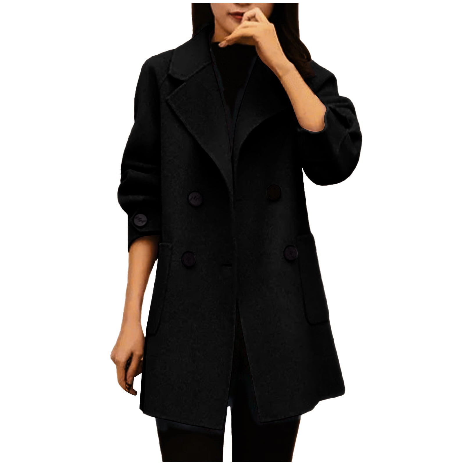 Double Breasted Wool Trench Coat for Women Dressy Casual Notch Lapel ...